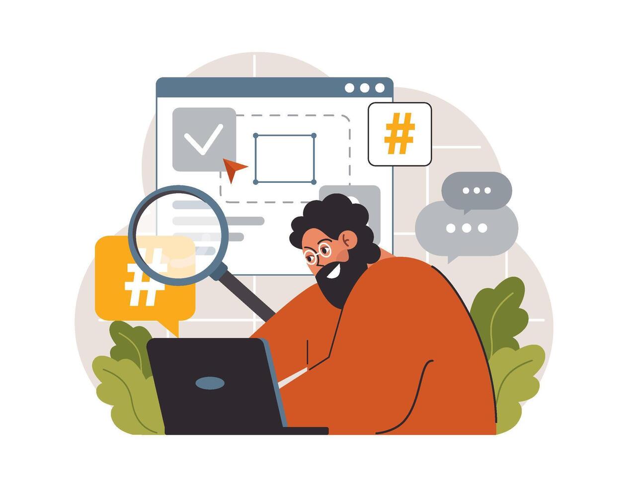 Hashtag. Character using digital device for sending posts and sharing ...