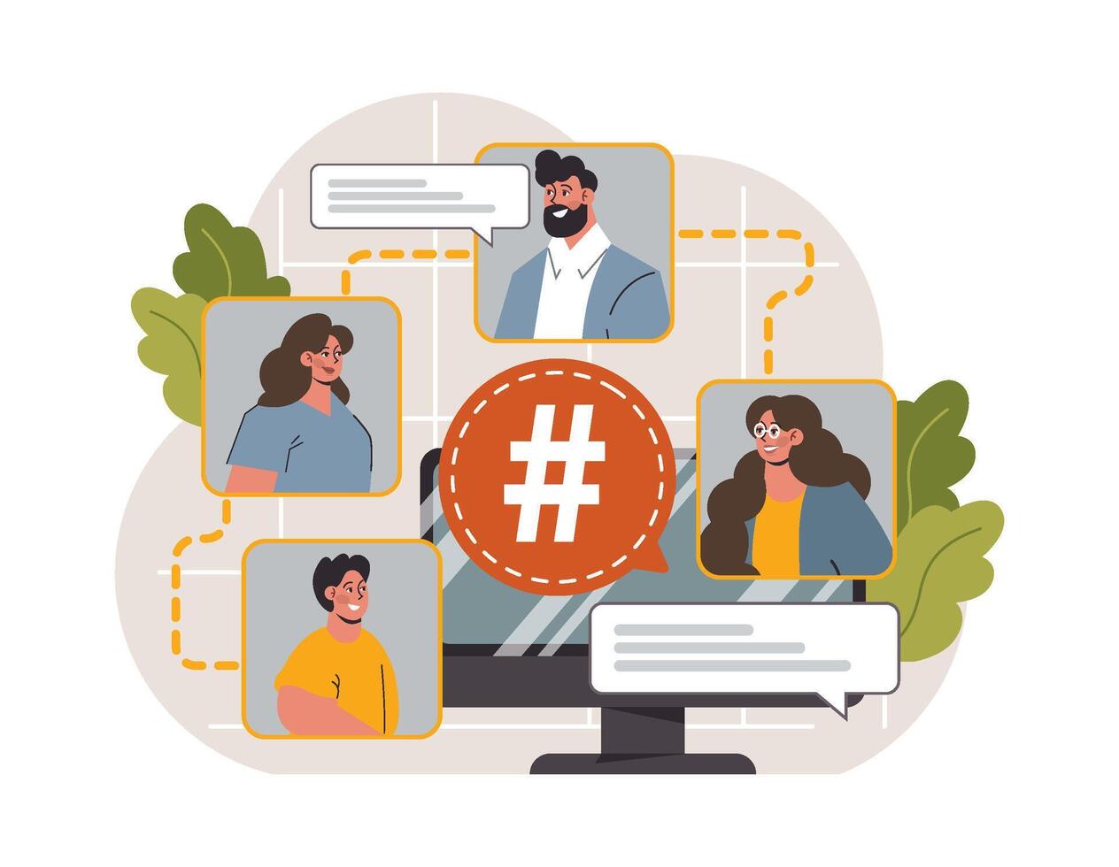 Hashtag. Character using digital device for sending posts and sharing ...