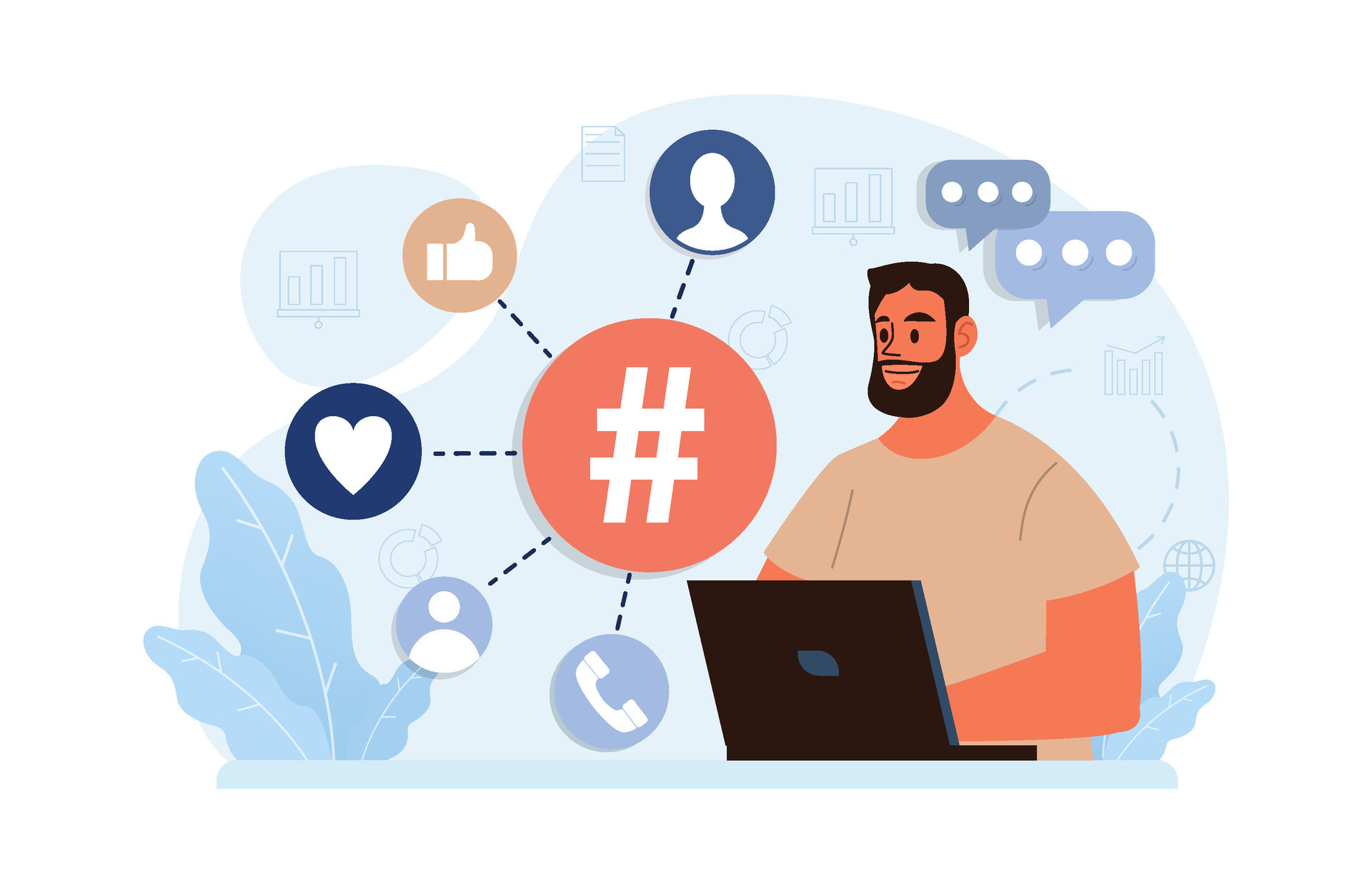 Hashtag. Character using digital device for sending posts and sharing ...