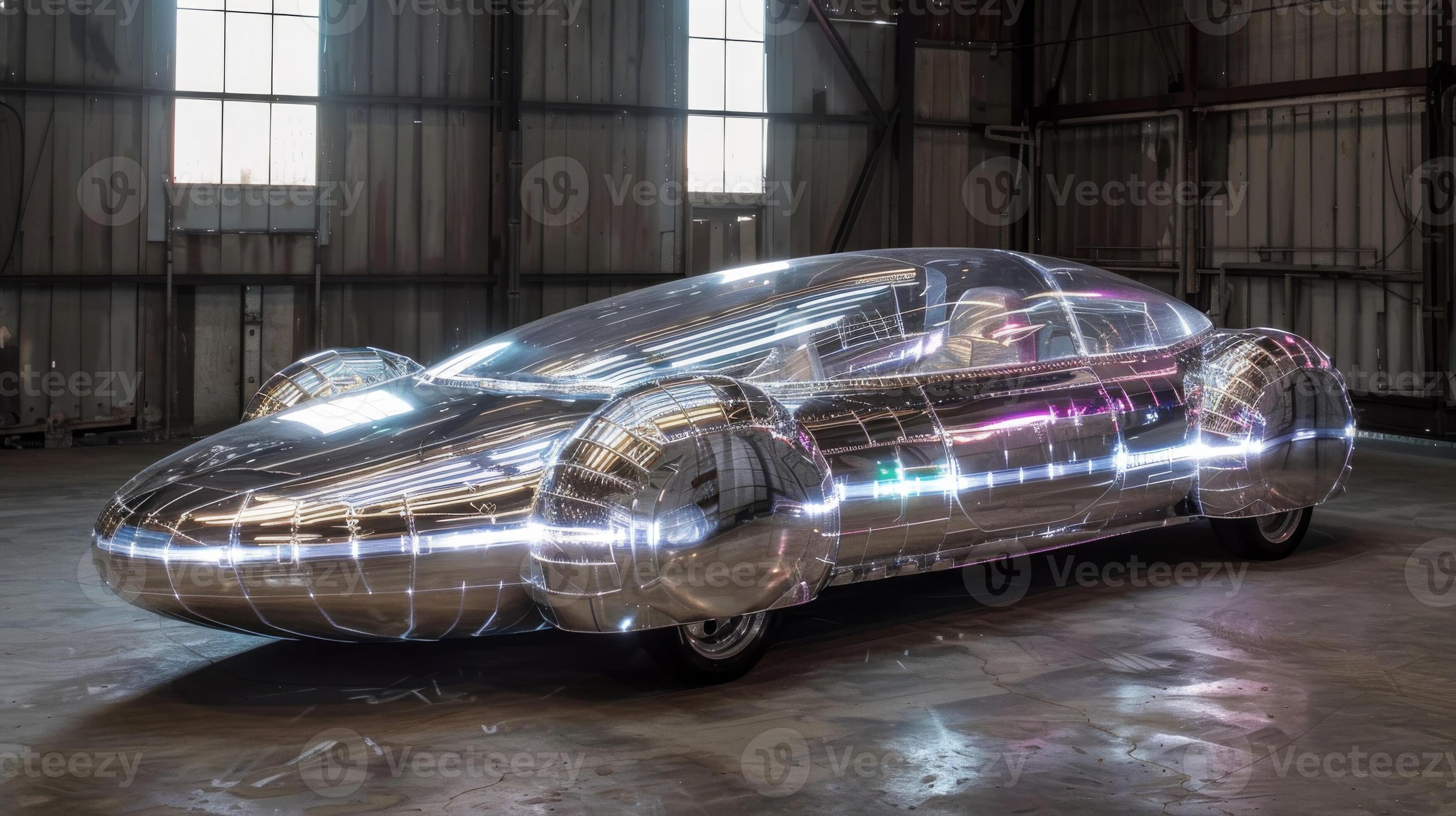 Futuristic Transparent Electric Concept Car in Industrial Warehouse. Cutting-edge Automotive ...