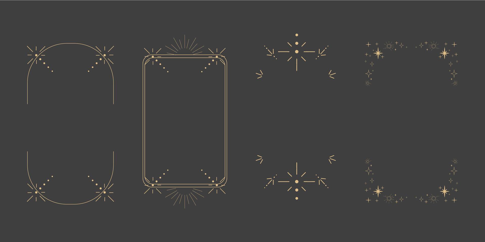 Golden celestial minimal esoteric frame, thin line border, mystyc linear decoration with dots ...