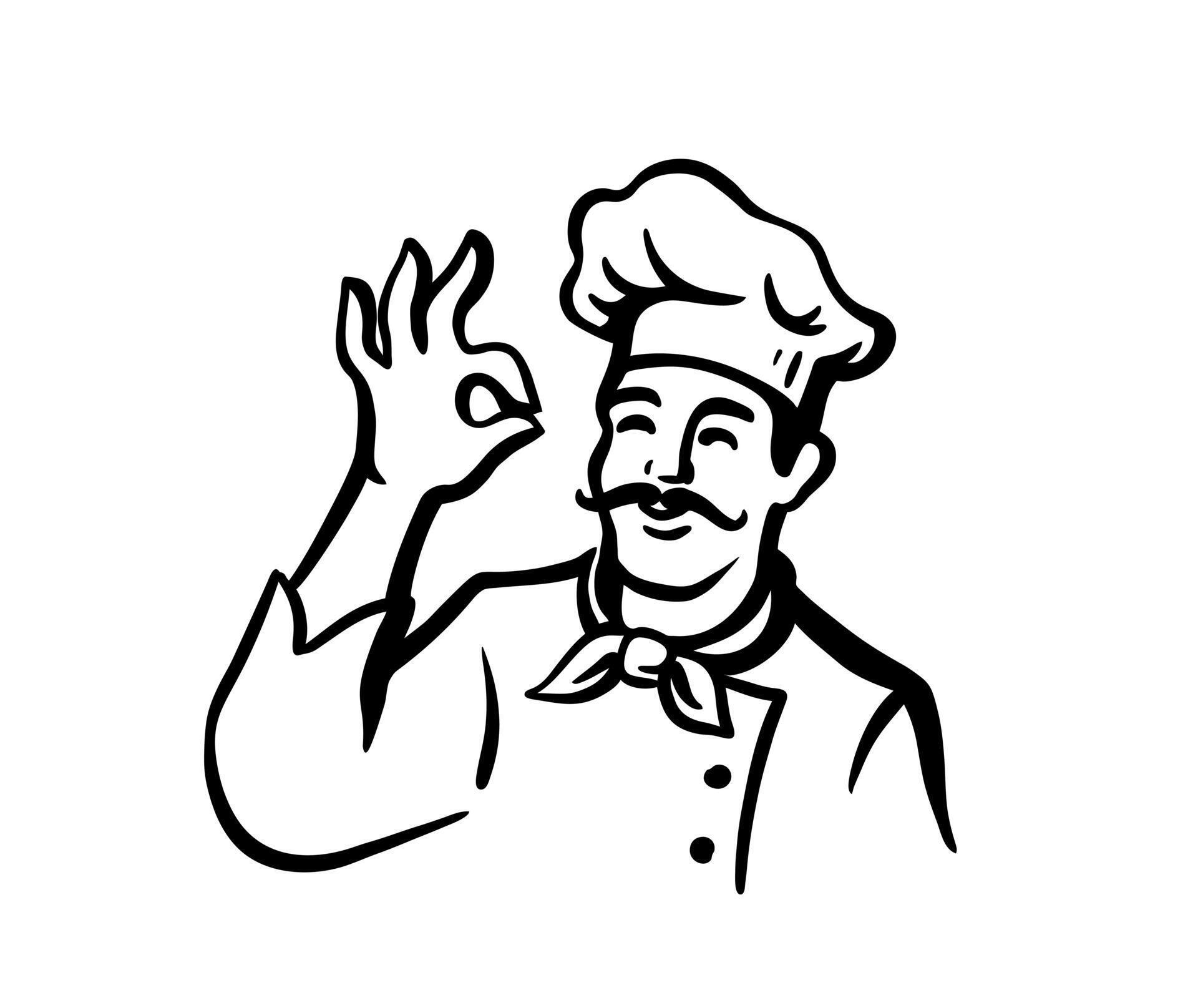 Chef in working uniform. Whiskered with okay delicious hand sign ... Chef in working uniform. Whiskered with okay delicious hand sign ...