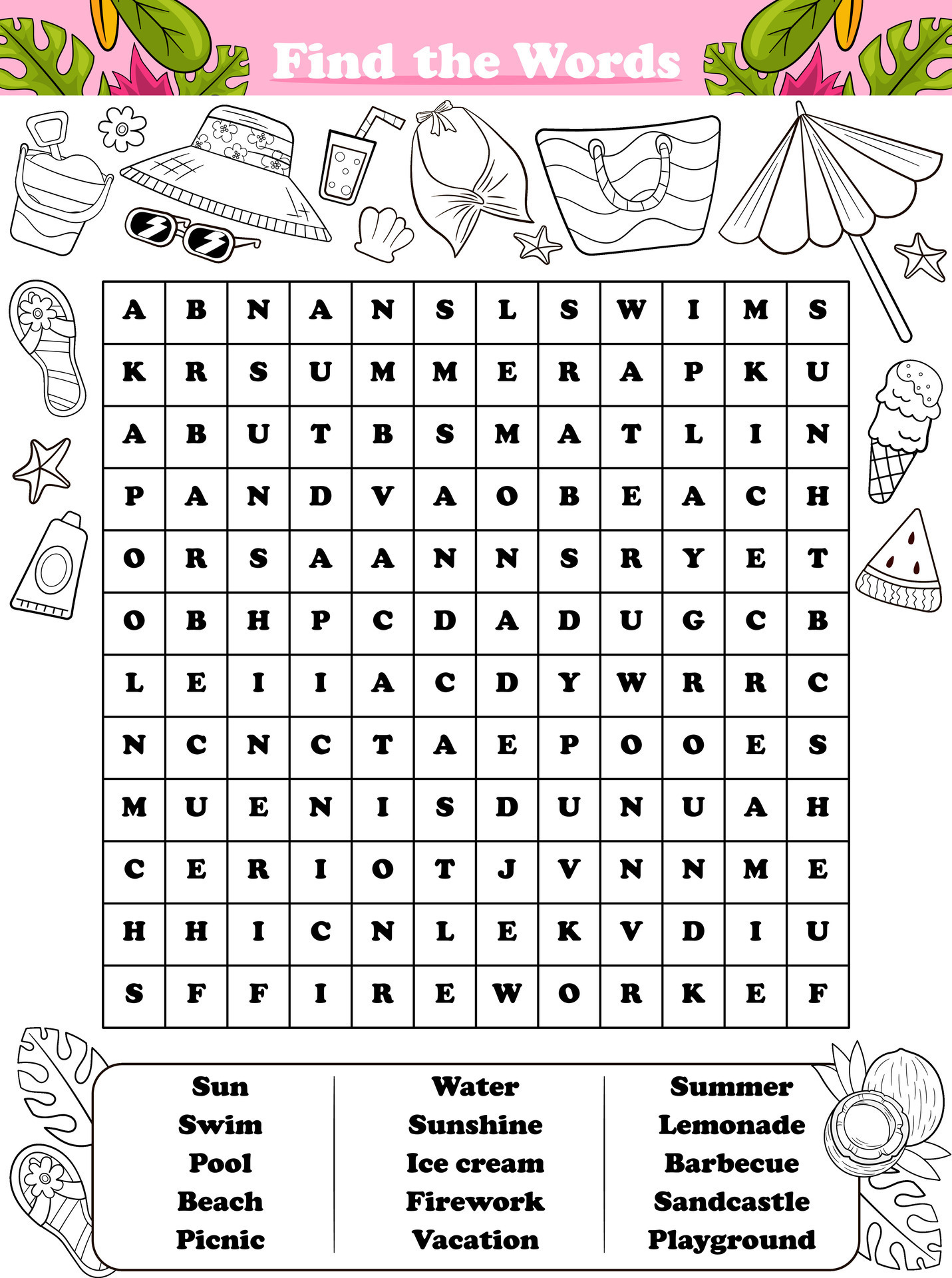 Summer word search puzzle with coloring page 47114682 Vector Art at ...