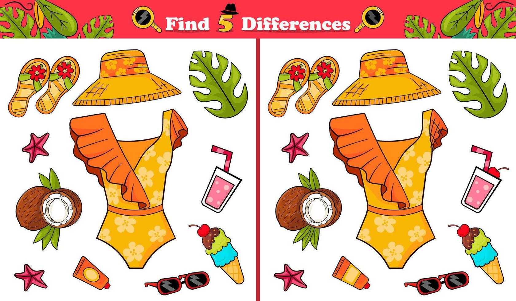 Find 5 differences game for children with summer themed objects ...