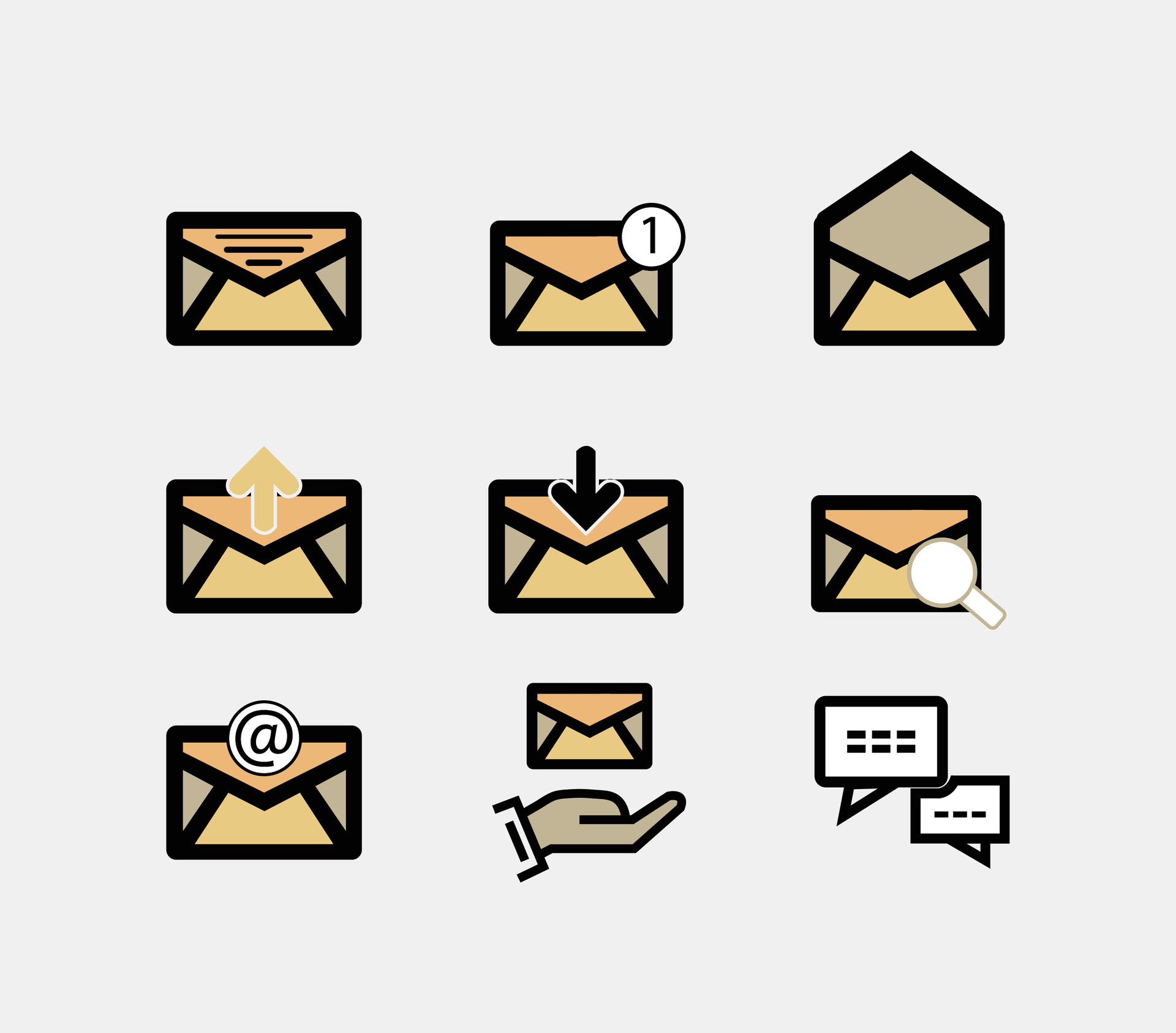 Message icon set, simple flat minimalist incoming new chat box messages ...