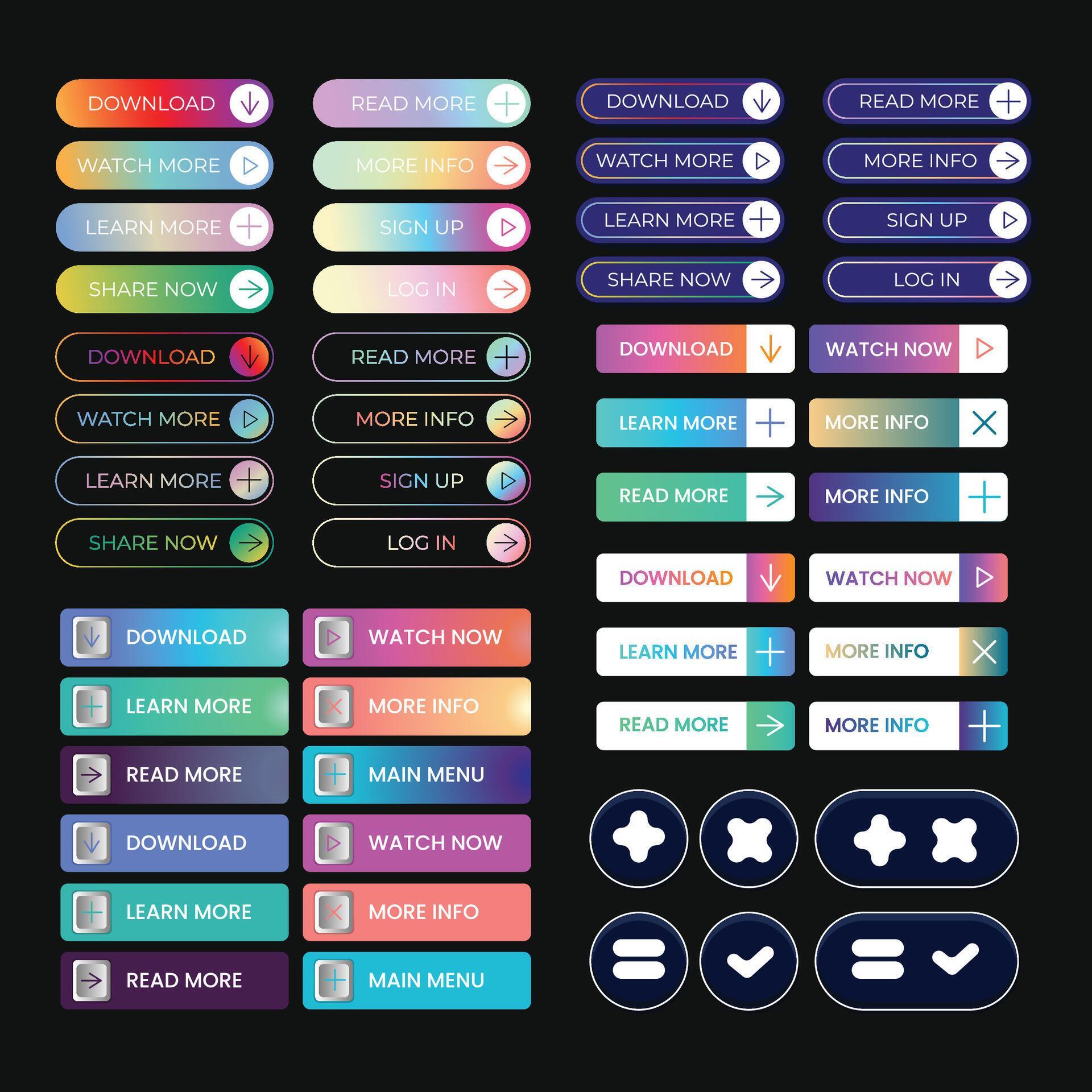 Set of modern material style buttons. Different gradient colors and icons on white forms with ...