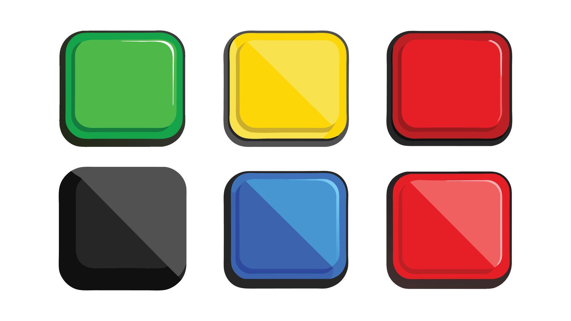 3D color button. Square and circle glossy colorful web ui buttons red and green black and white ...