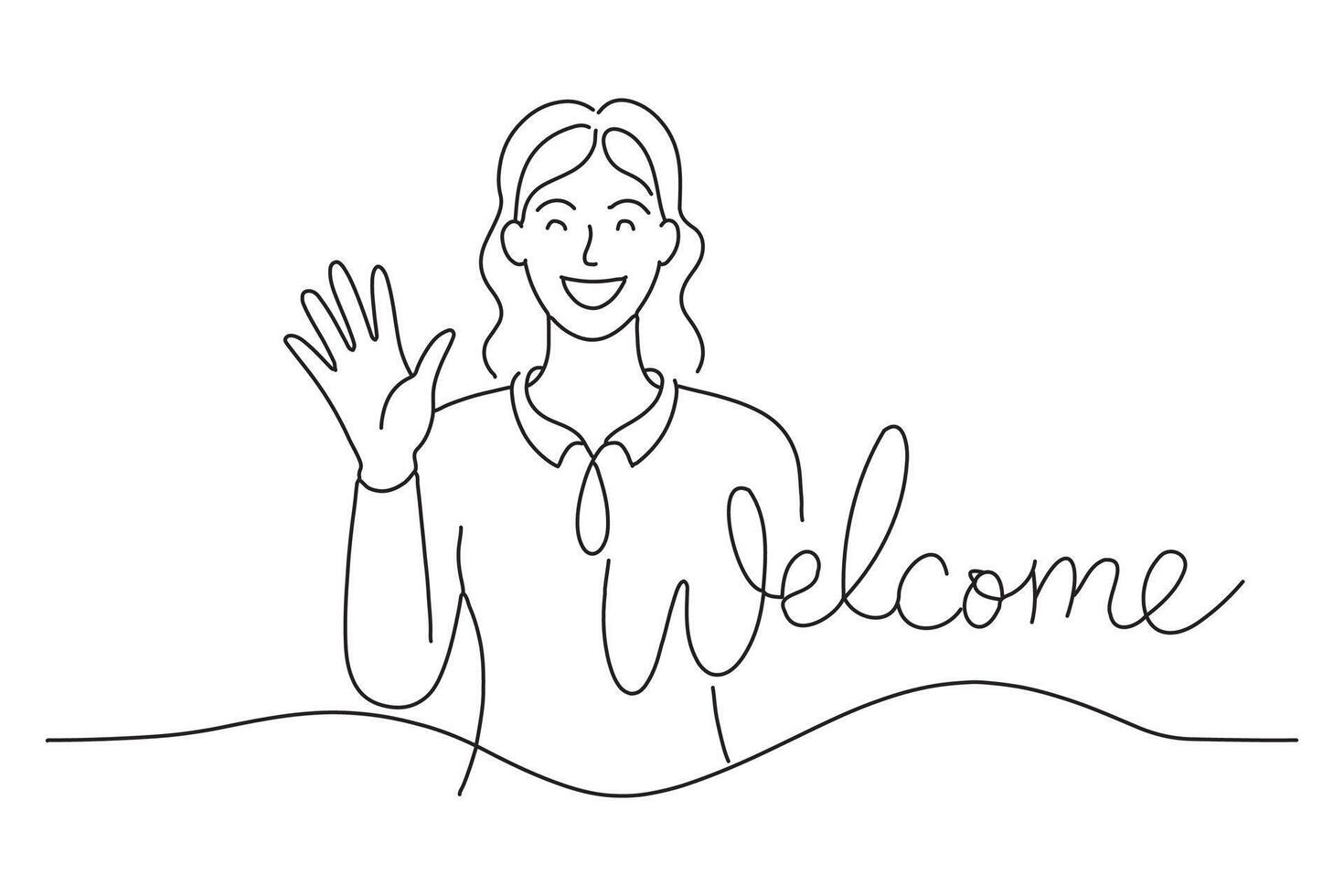 You are welcome Cheerful woman gesturing welcome hand writing ...