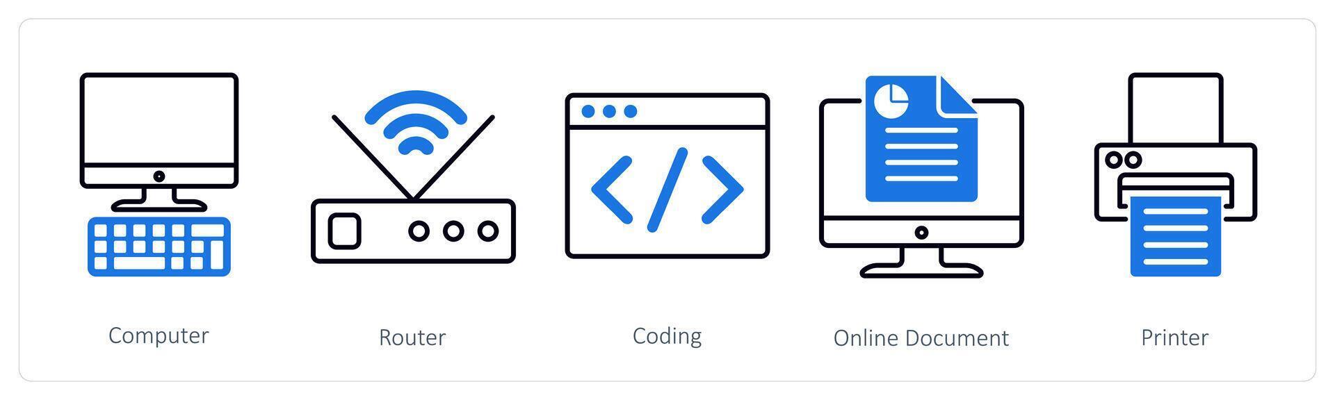 A set of 5 Business and Office icons as computer, router, coding ...