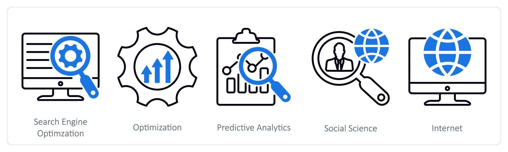 A set of 5 Industrial icons as search engine optimization, optimization ...