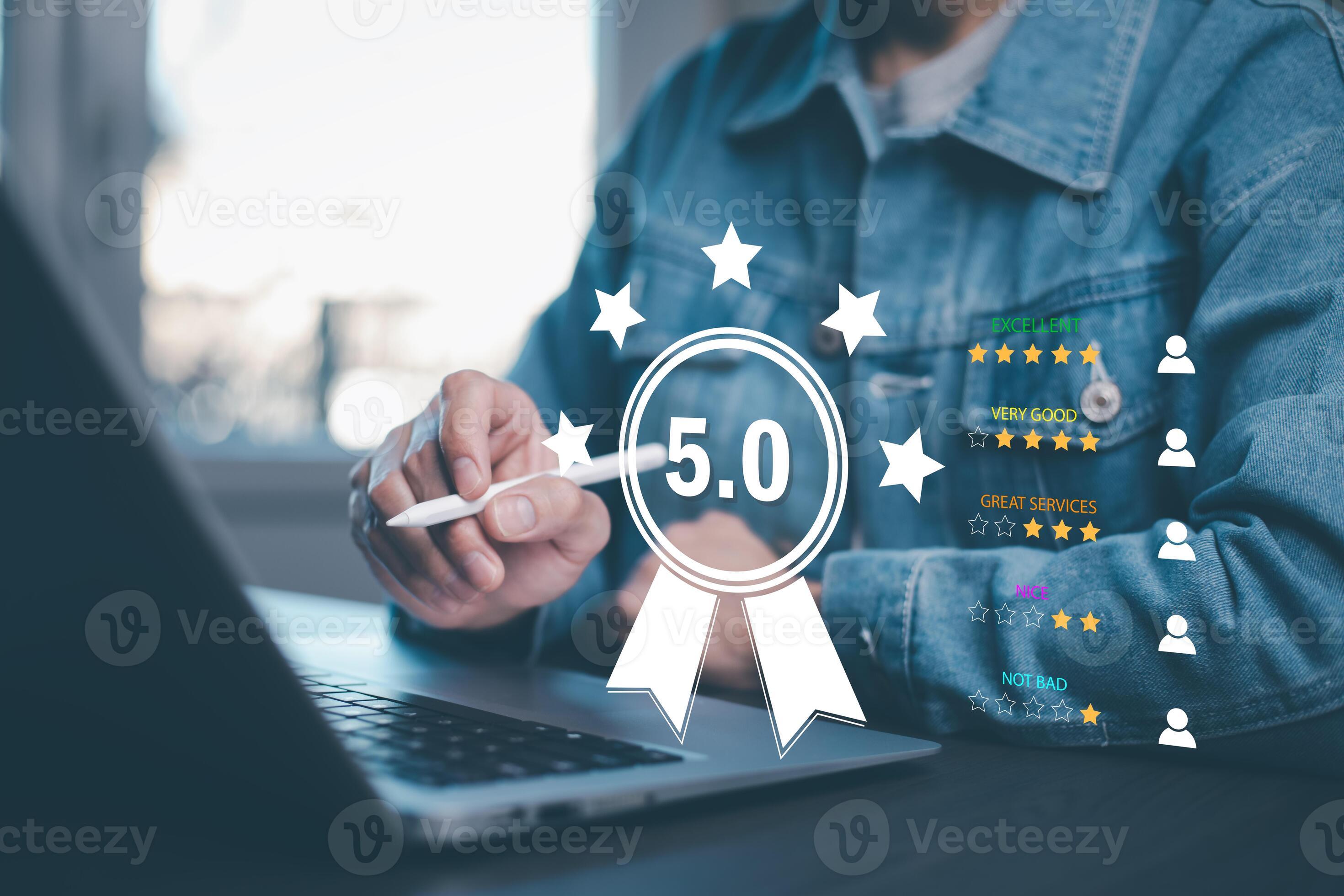 Man touch smartphone with Customer review satisfaction feedback survey concept, User give rating ...