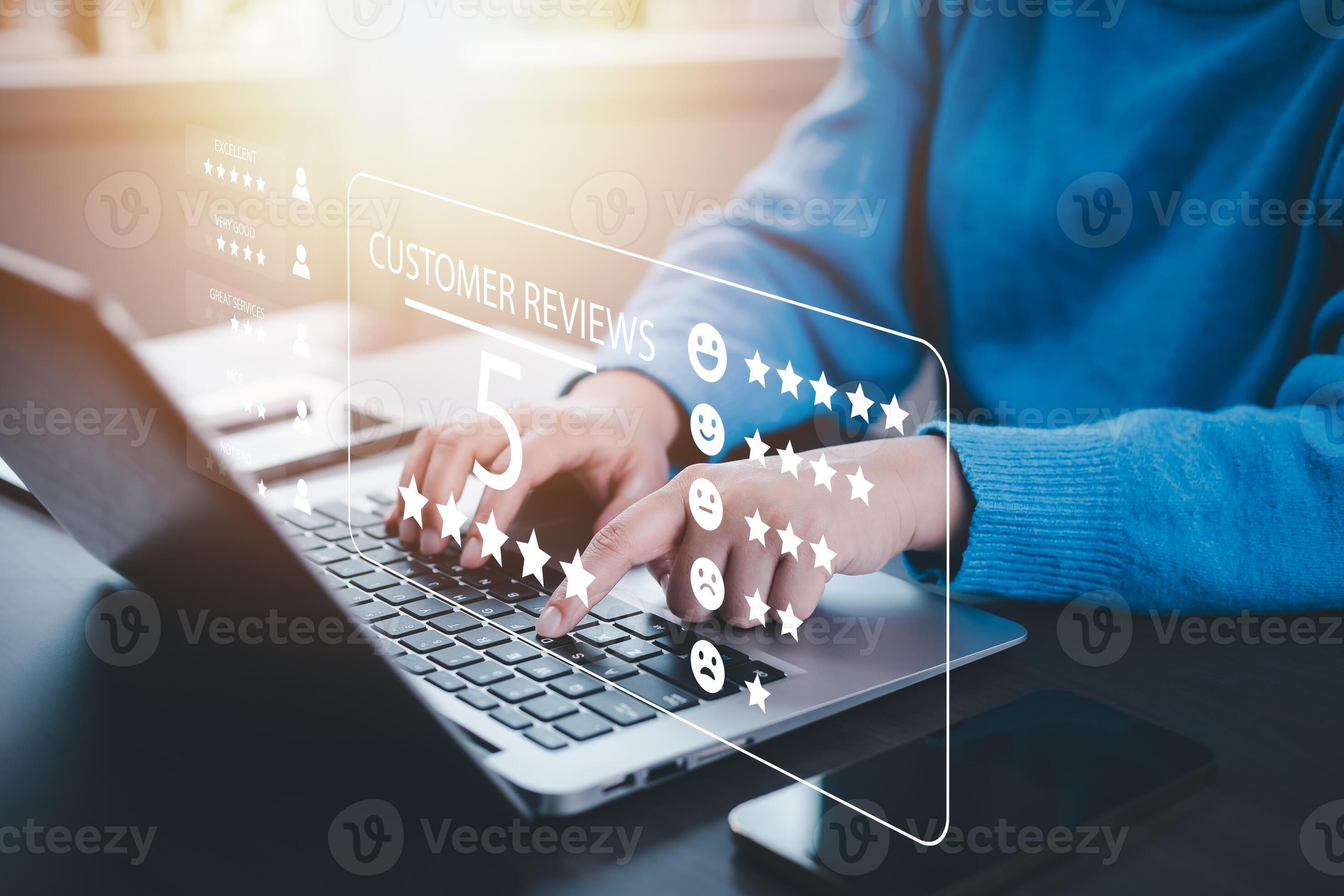 Man touch smartphone with Customer review satisfaction feedback survey concept, User give rating ...