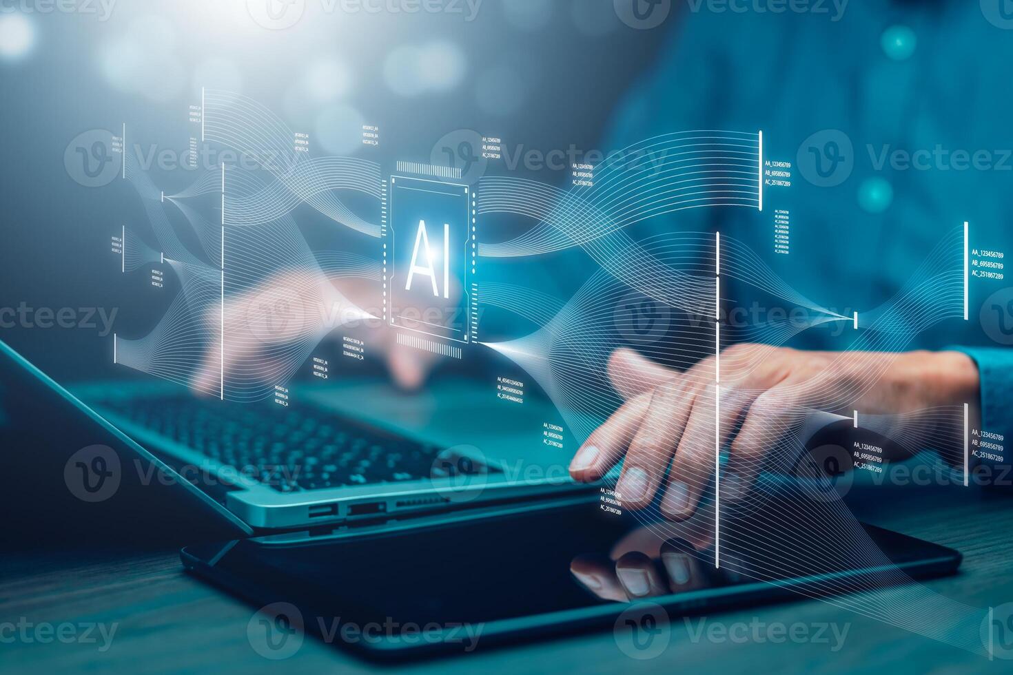 Programmer people working laptops or smartphones with AI, artificial intelligence software ...