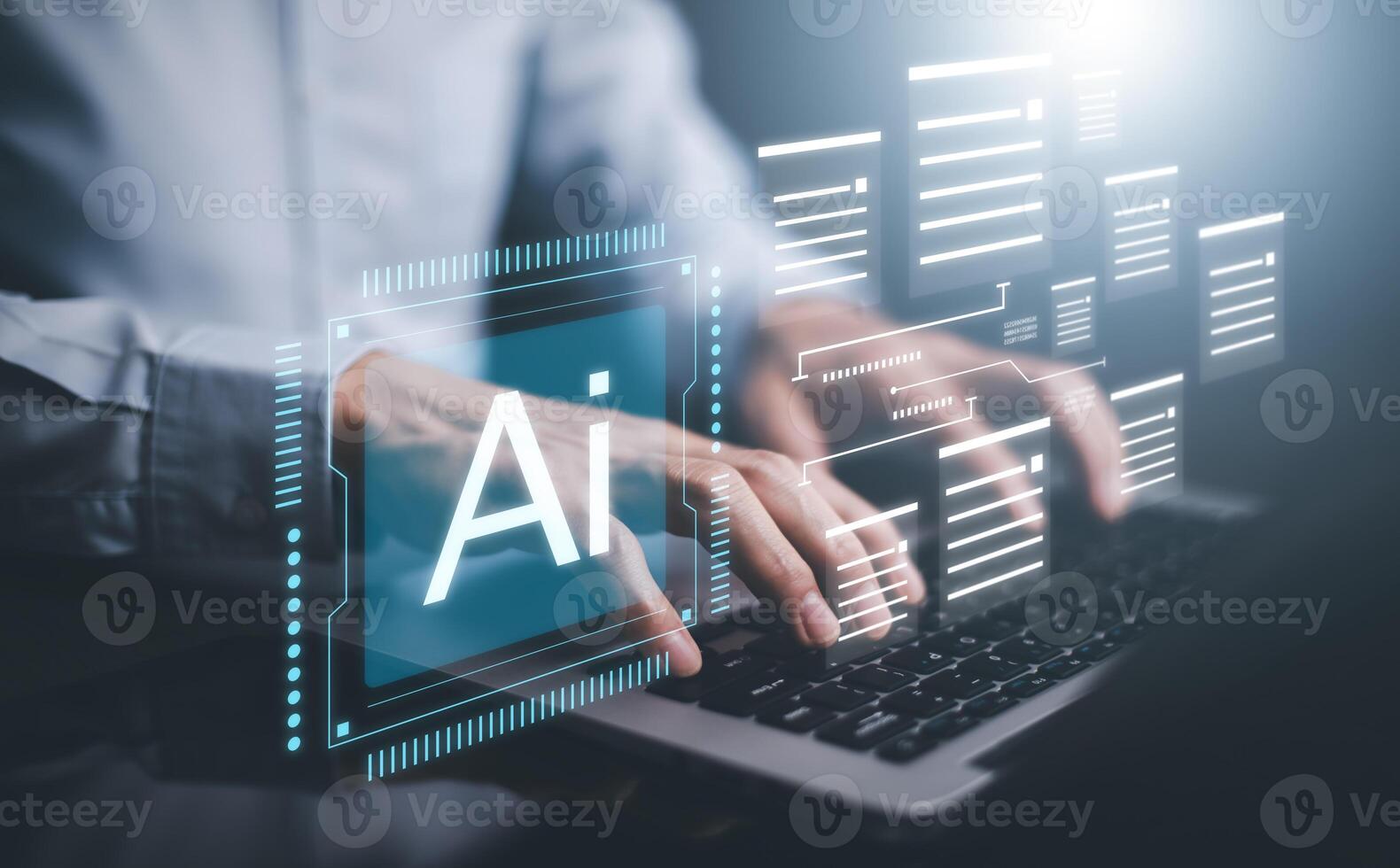 Programmer people working laptops or smartphones with AI, artificial ...