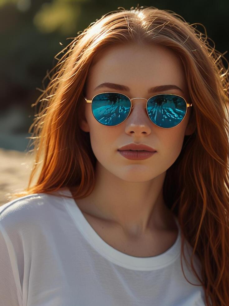 Girl With Open Hair Wearing Sunglasses And A White T Shirt Captured In A Photograph 47157865