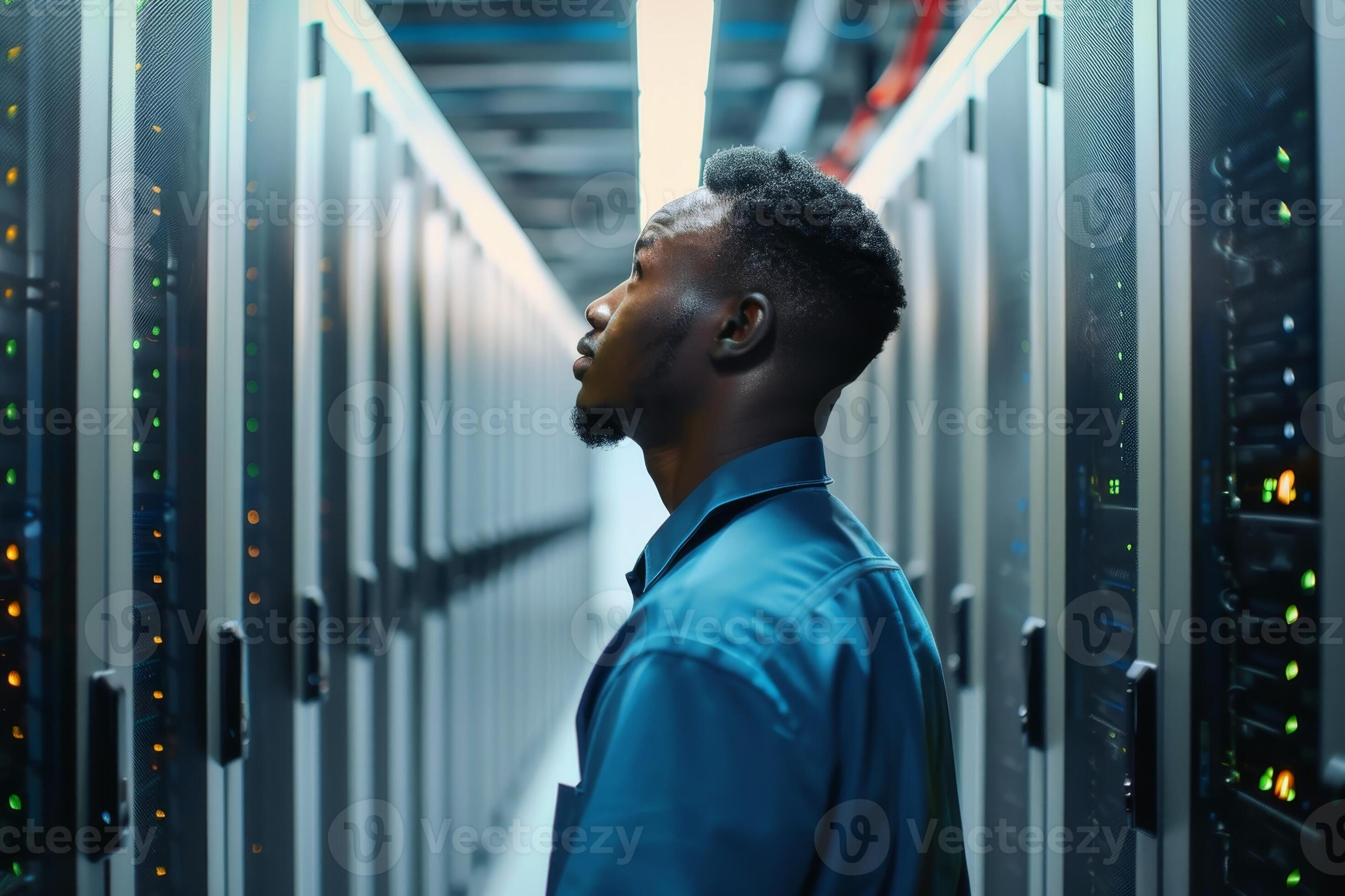 A server administrator checking computers in a data center. AI generate ...