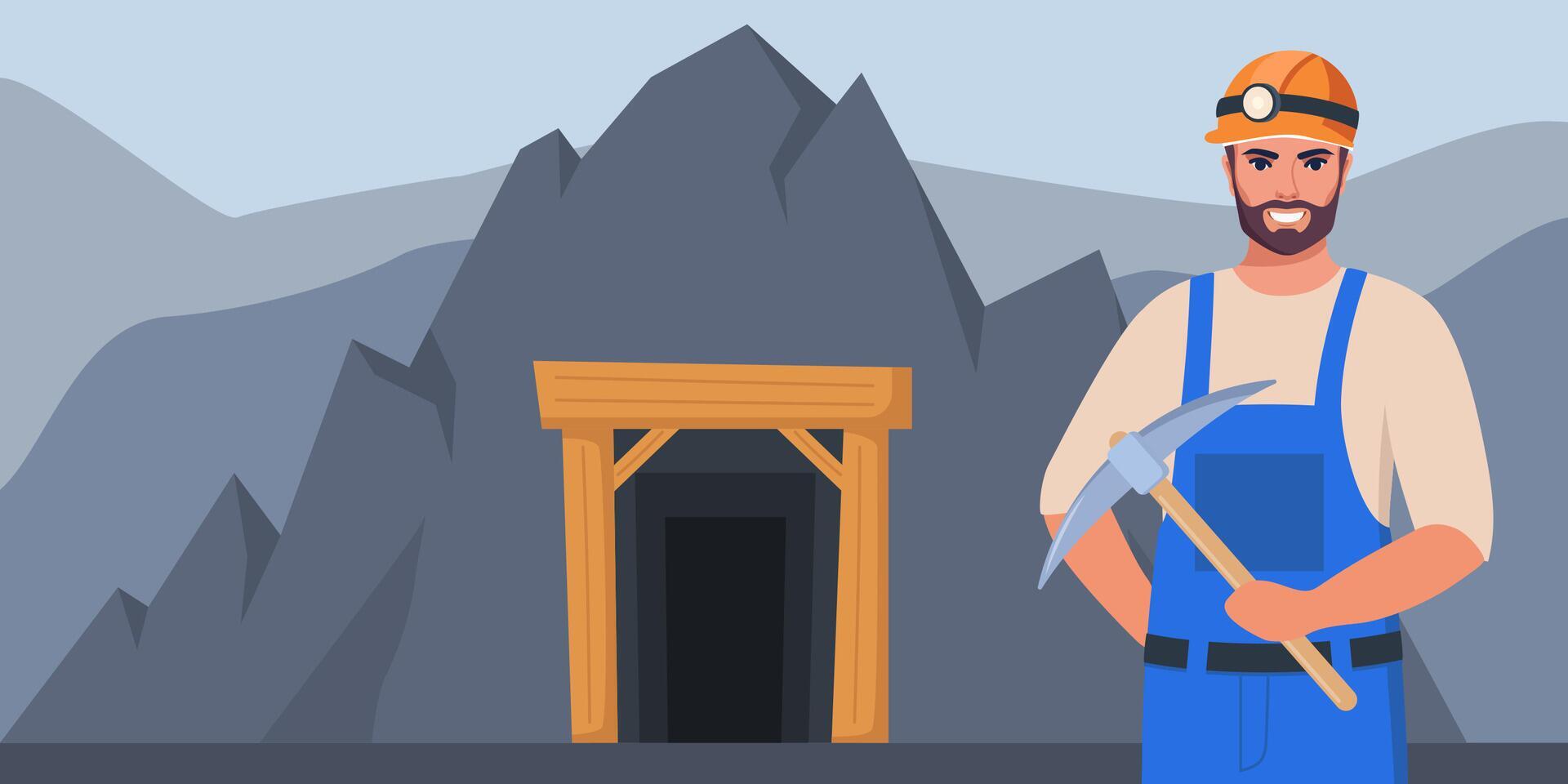 Mine cave entrance. Miner man character, coal or minerals mining ... Mine cave entrance. Miner man character, coal or minerals mining ...
