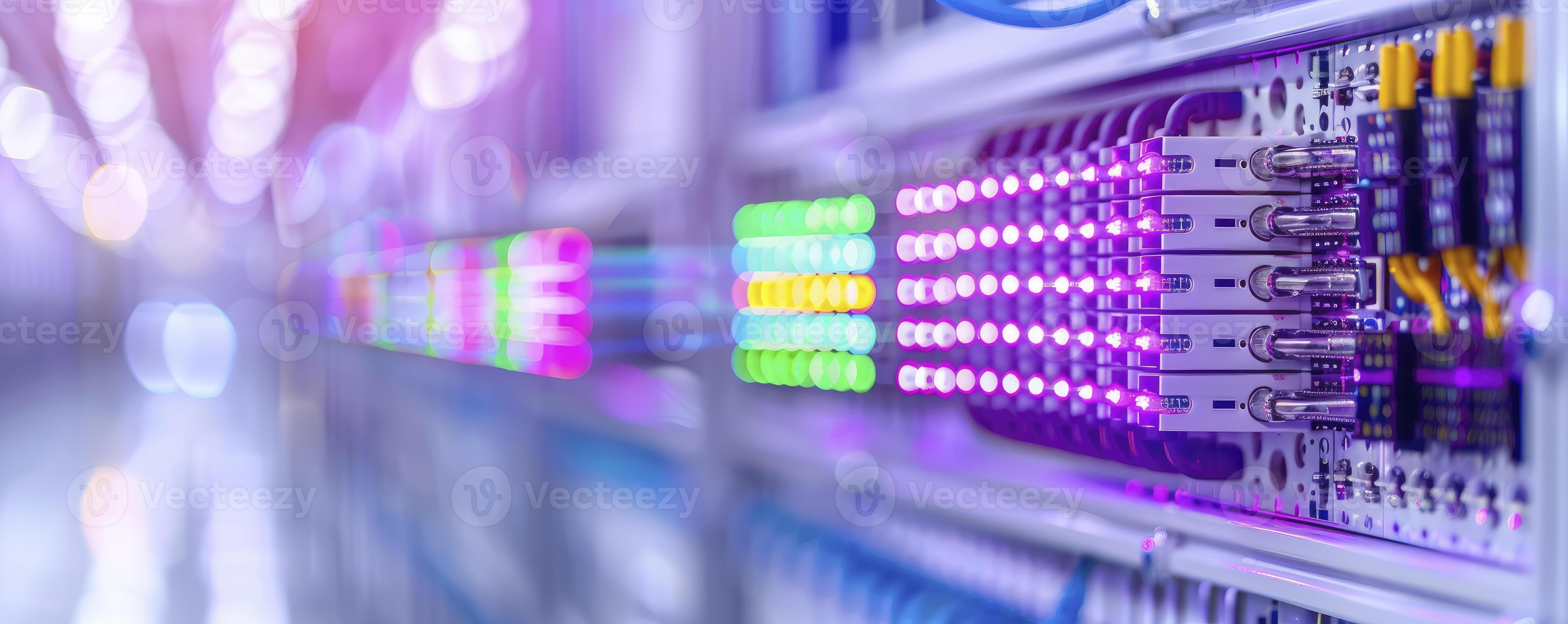 Closeup Of Electrical Panel Board With Wire Connection And Glowing Lights On Blur Bokeh