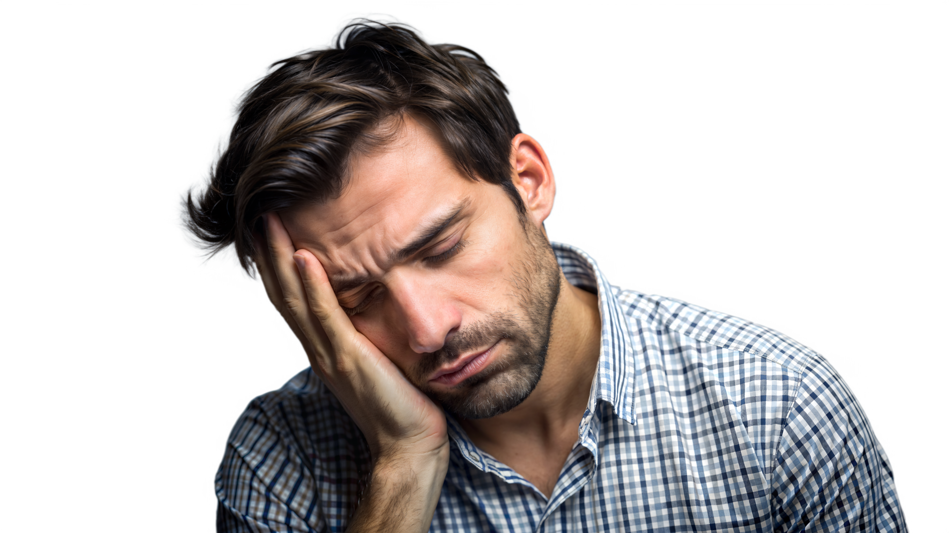 Tired man feeling sleepy in office attire with transparent background ...