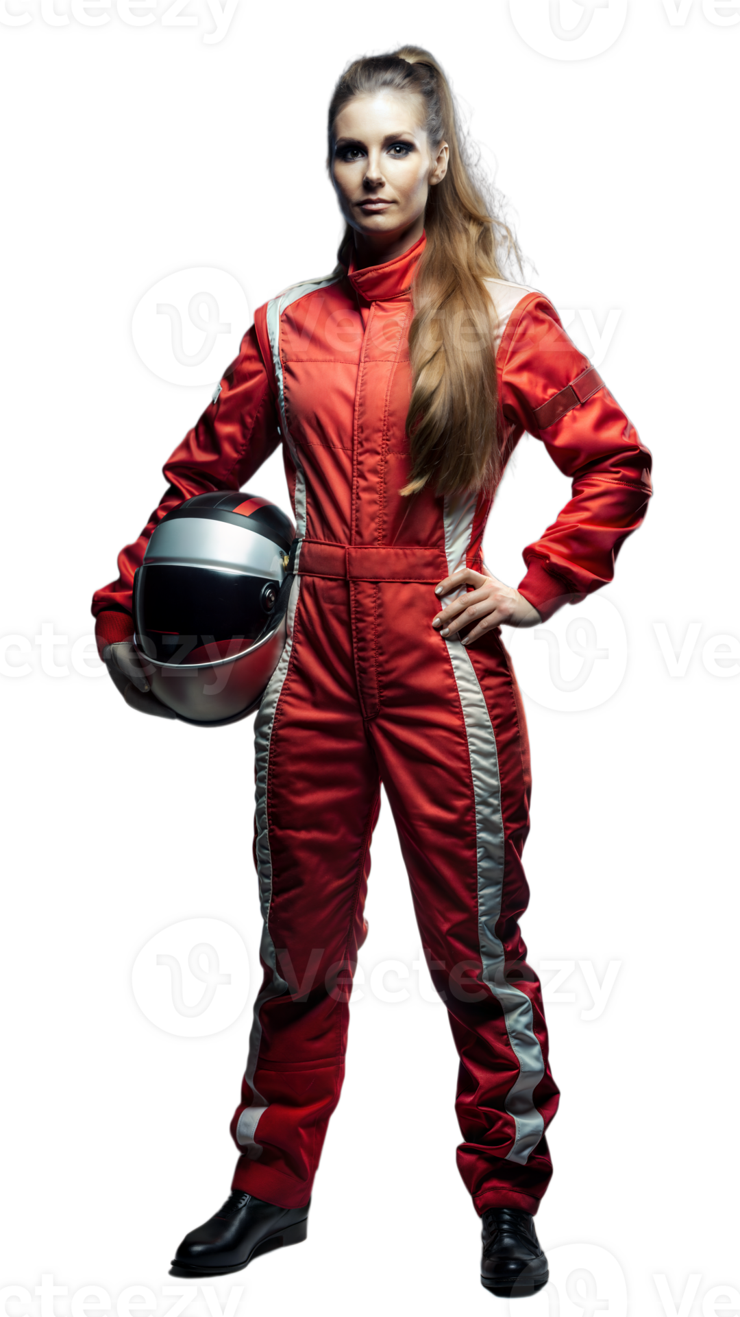 Confident Female Race Car Driver In Red Racing Suit Holding A Helmet