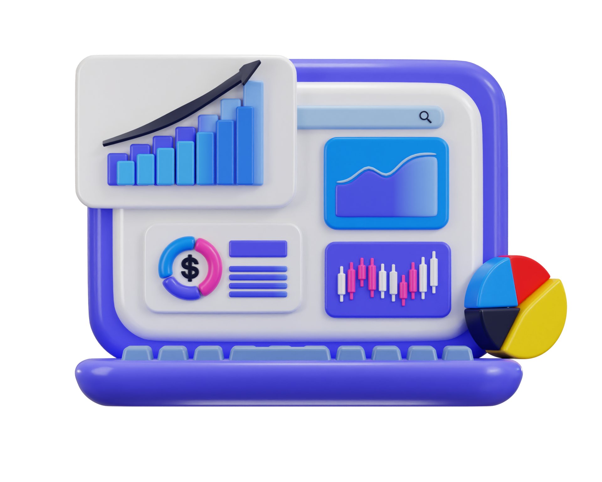 3d laptop with candles chart pie char area chart and graph icon concept ...