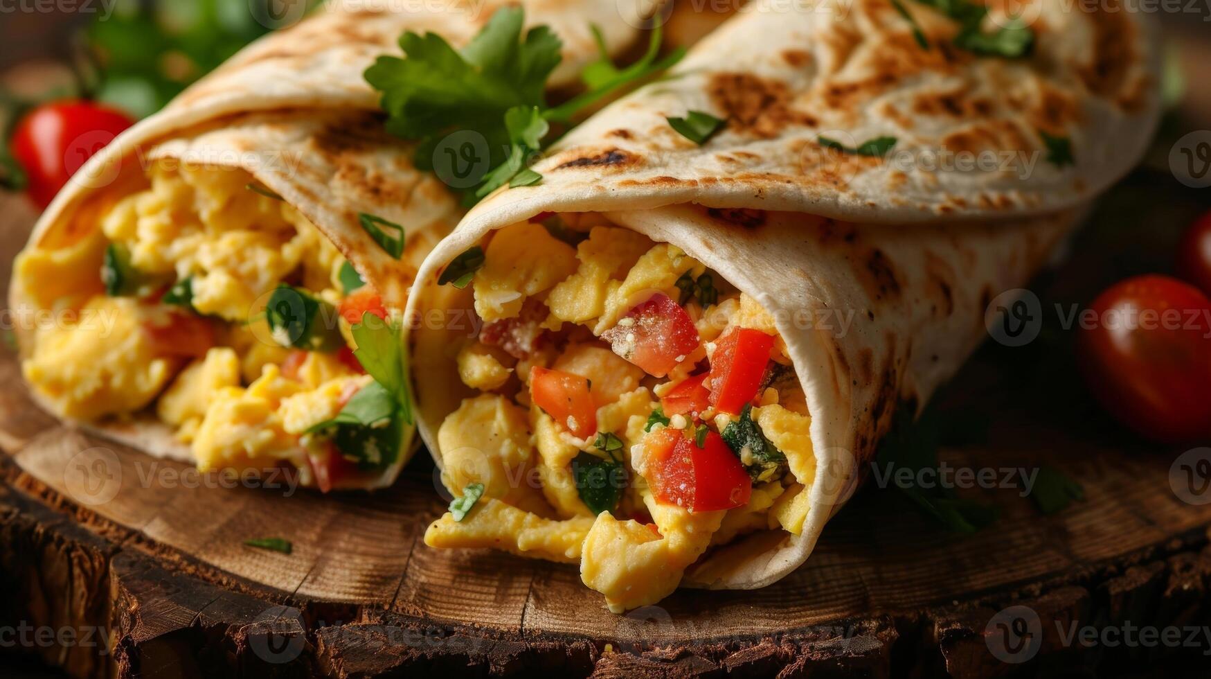 A trio of breakfast burritos filled with scrambled eggs cheese and veggies served on a wood ...
