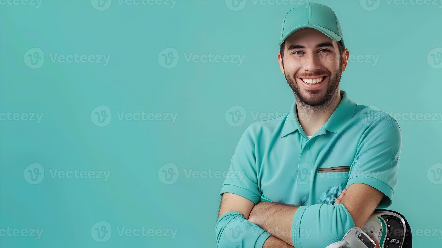Friendly And Approachable Young Golf Assistant In Uniform On Vibrant Turquoise Background