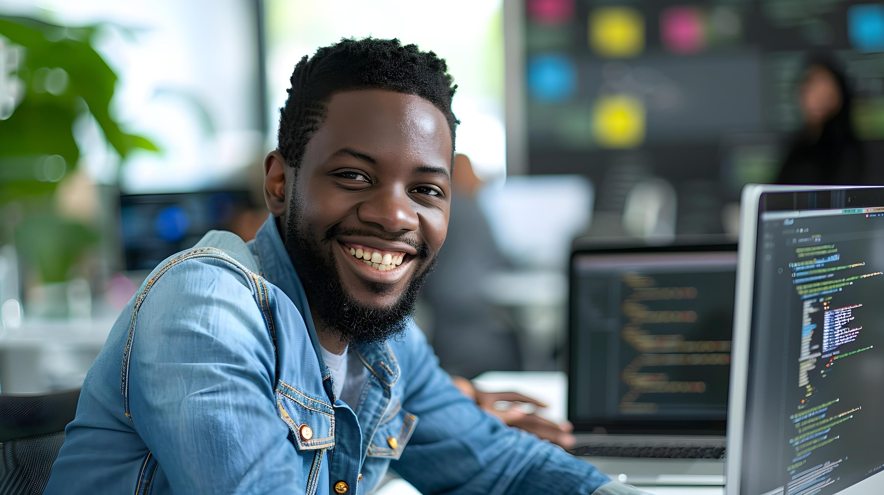 Cheerful African American Software Developer Typing at Desk in Bright ...