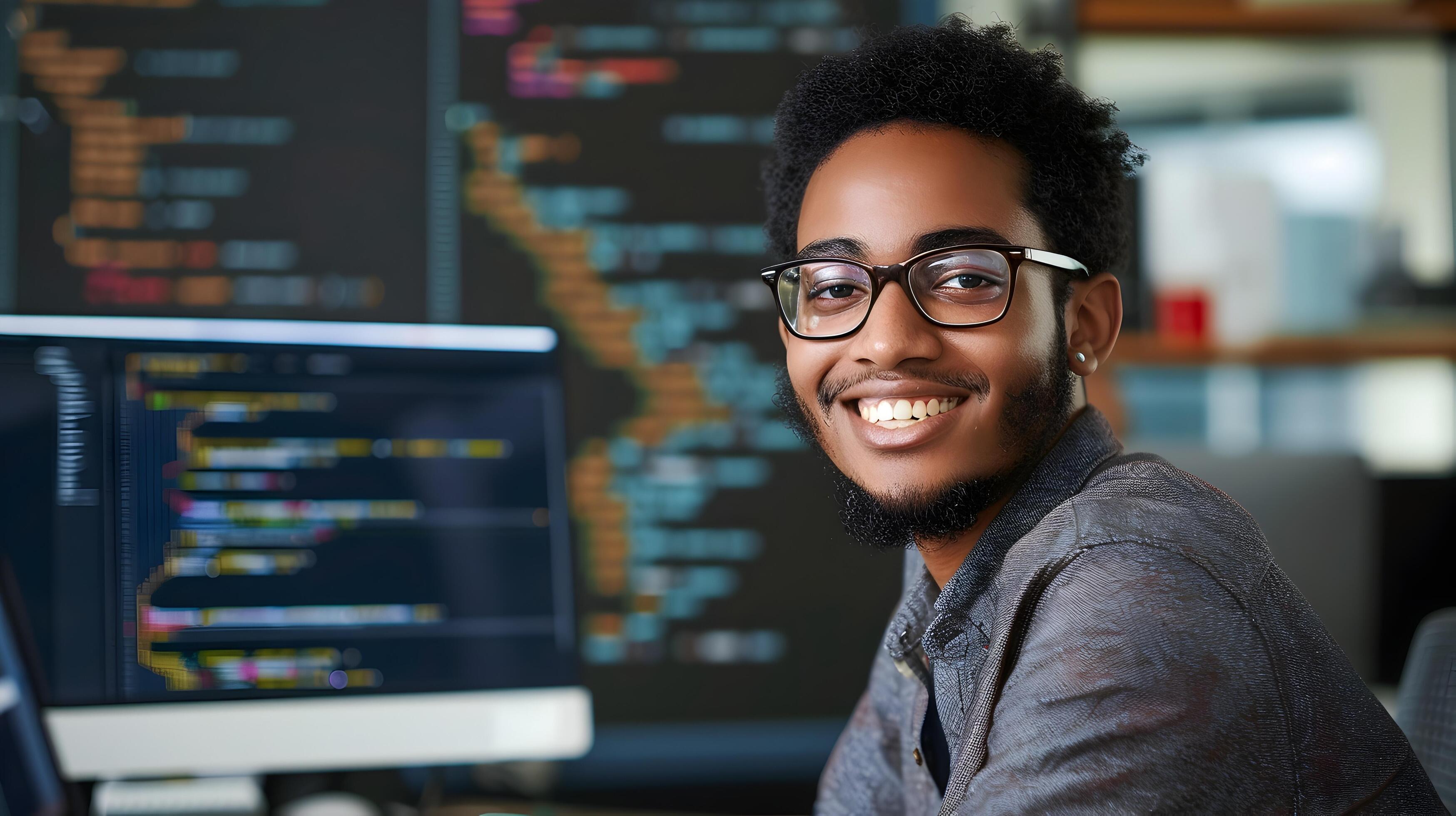 Cheerful Software Developer Focused on His Computer at Workstation ...