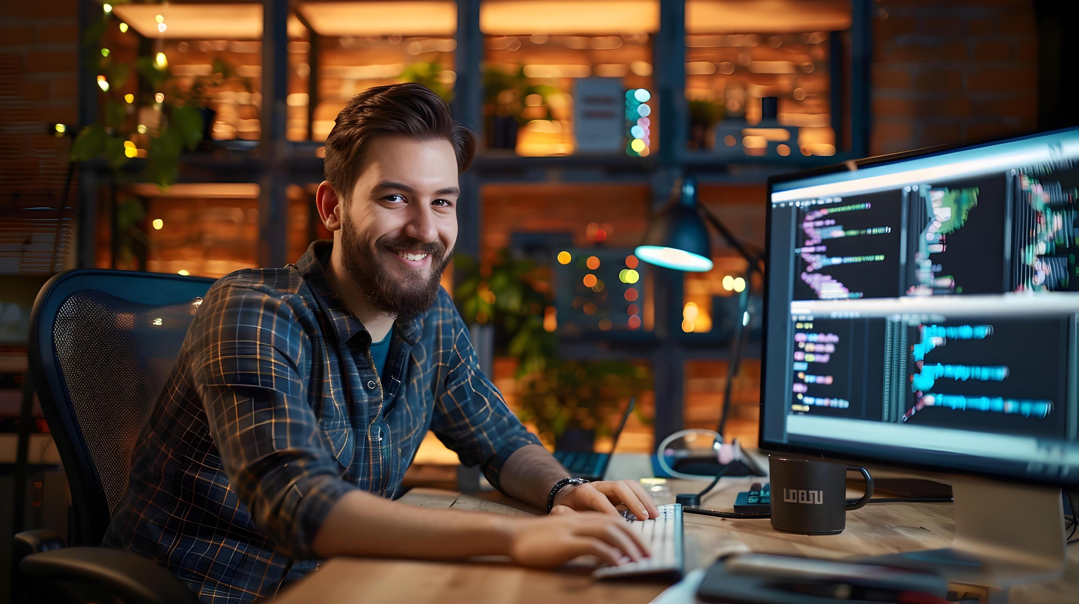 Cheerful Computer Programmer Diligently Coding at Desk in Cozy ... Cheerful Computer Programmer Diligently Coding at Desk in Cozy ...