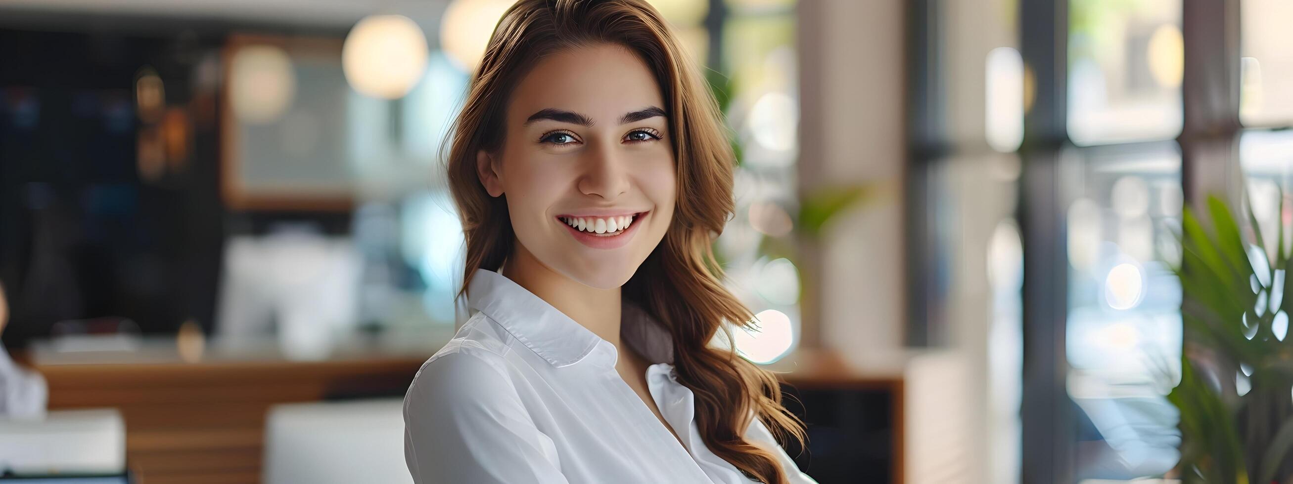 Friendly and Confident Young Professional Receptionist in Modern Office ... Friendly and Confident Young Professional Receptionist in Modern Office ...