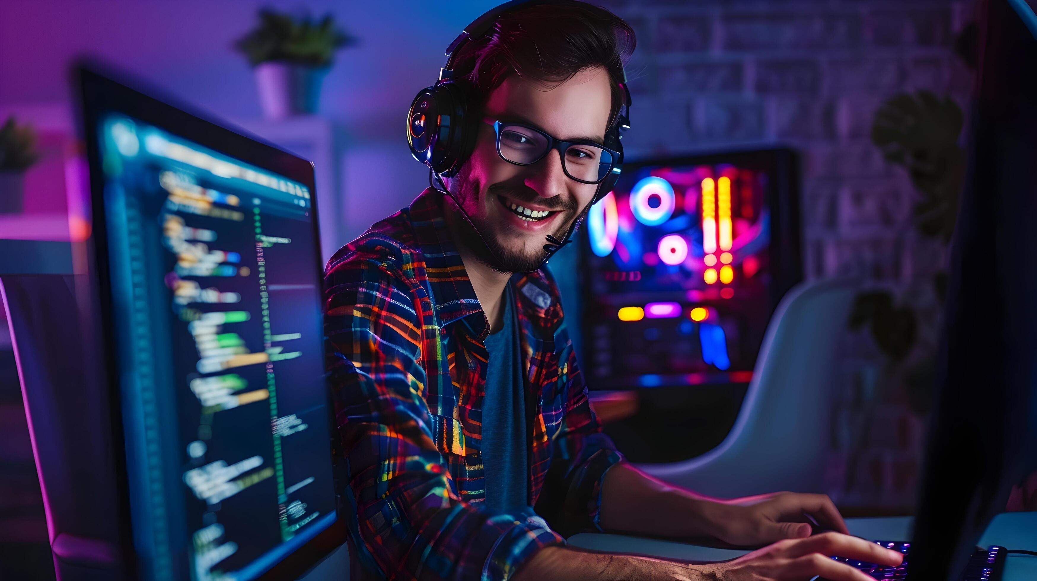 Young Happy Software Developer Coding in Futuristic Tech Workspace ...