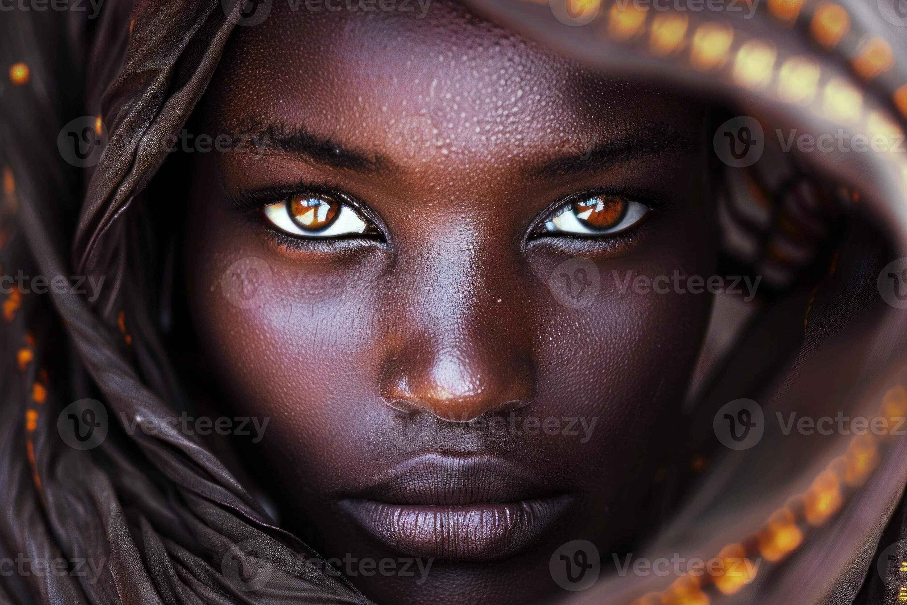 Captivating close-up portrait of a young african woman with intense eyes, adorned in a ...