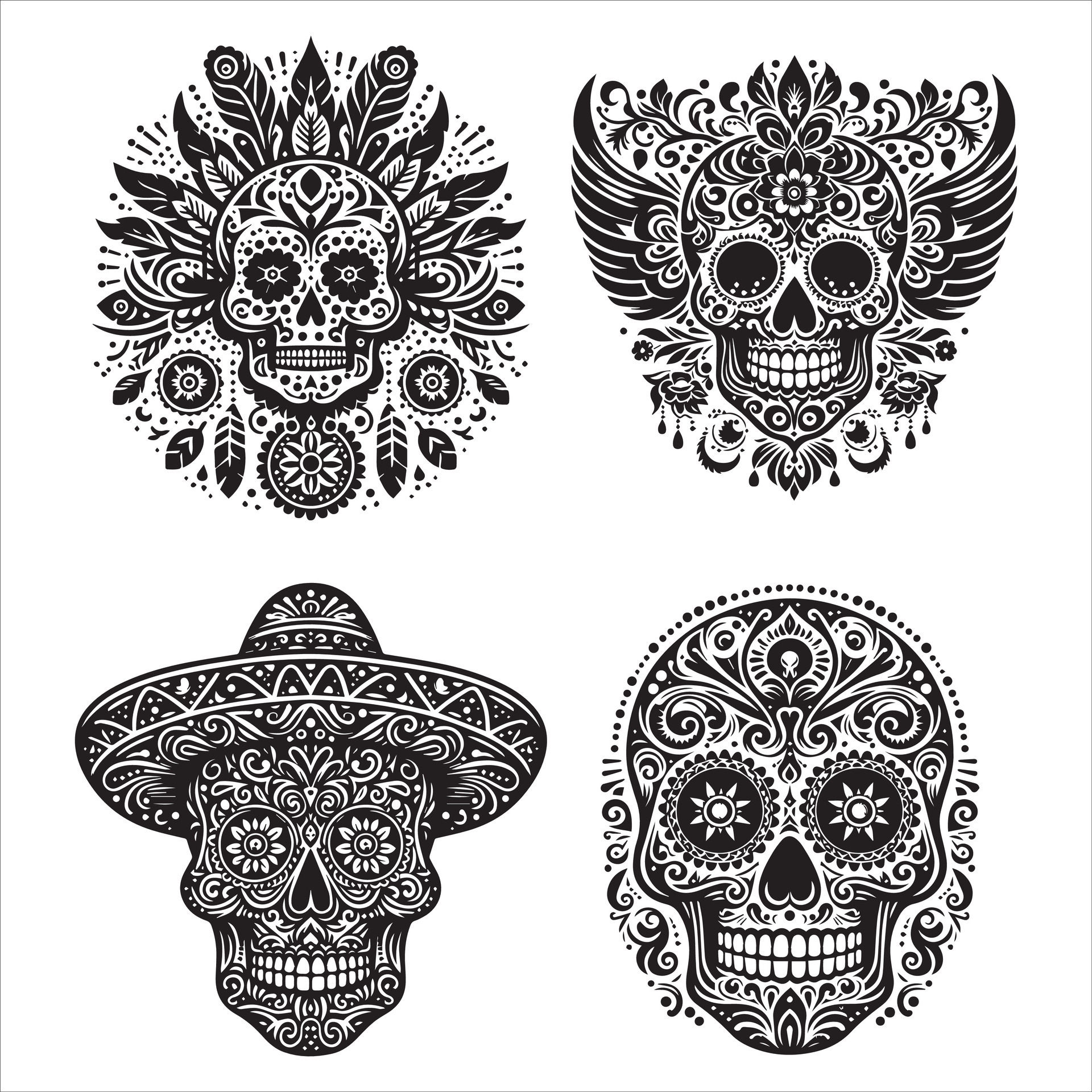 Day Of The Dead Mexican floral Skull silhouette design tattoo Illustration Set In Black And ...