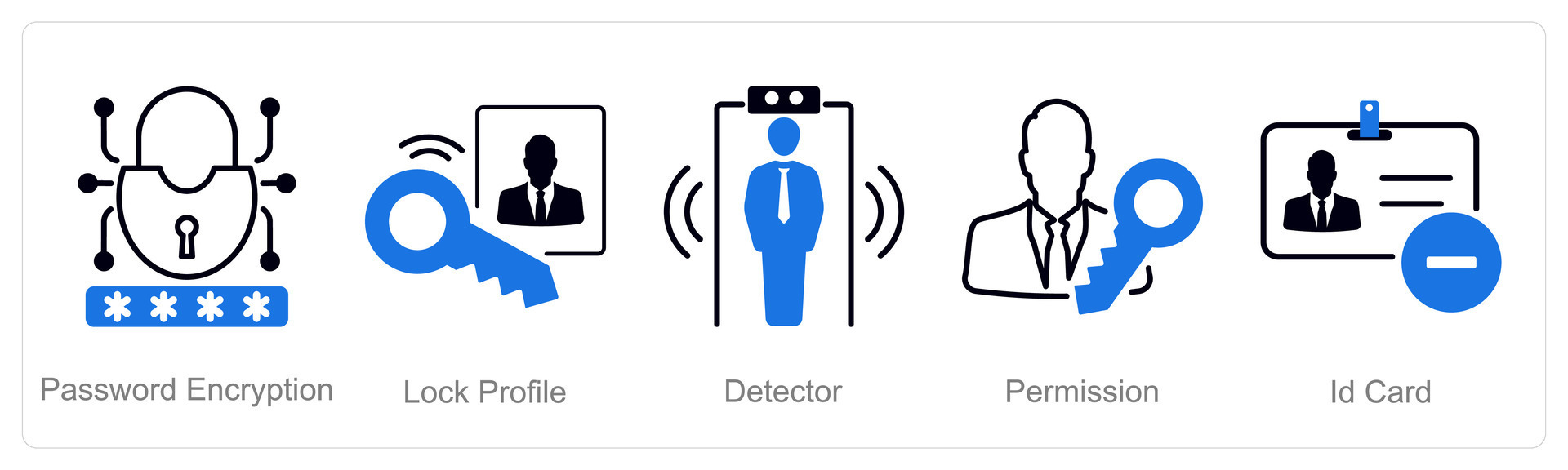 A set of 5 security icons as password encryption, lock profile ...
