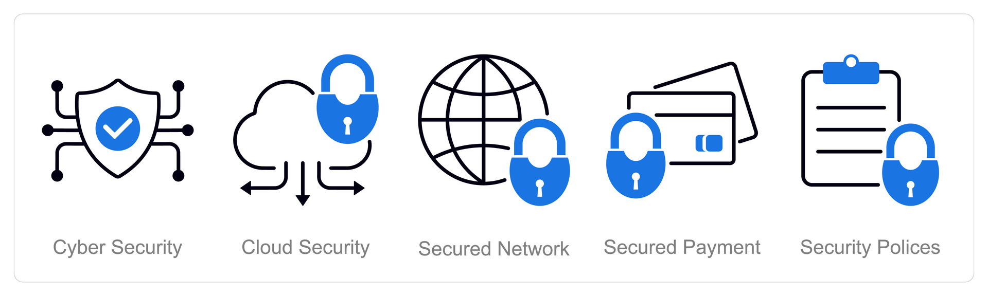 A set of 5 security icons as cyber security, cloud security, secured ...