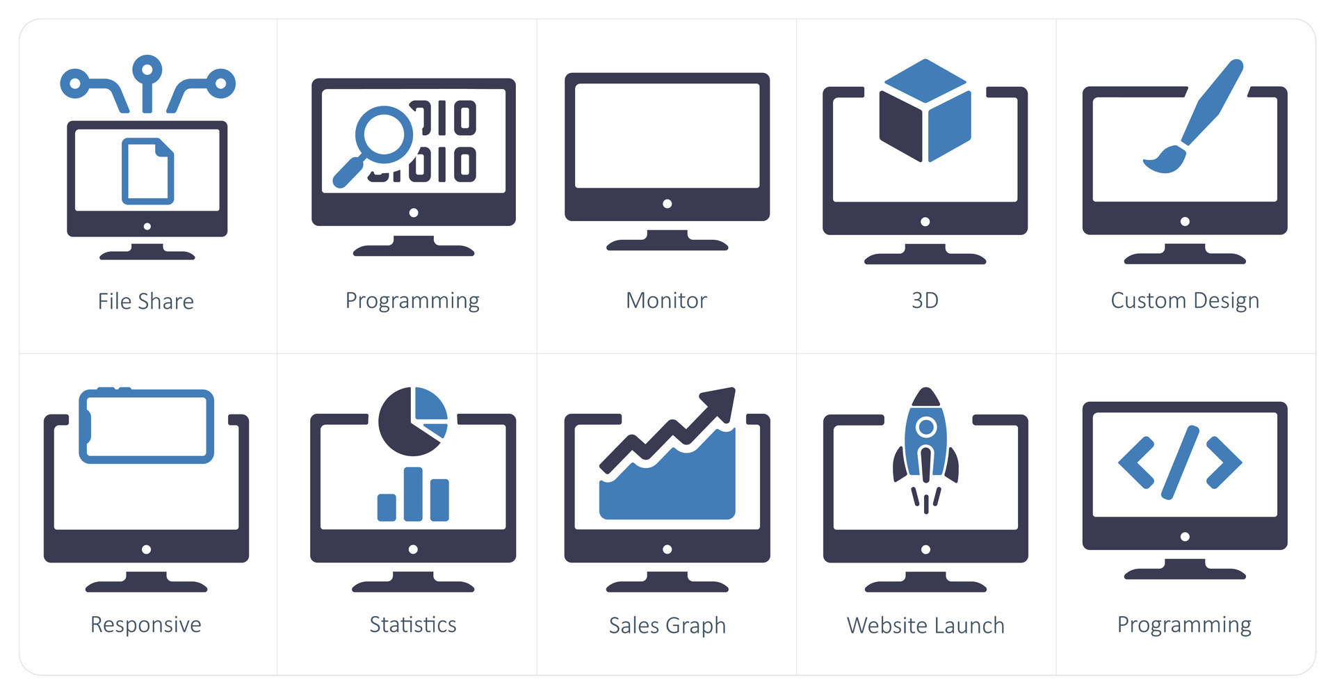 A set of 10 web marketing icons as file share, programming, monitor ...