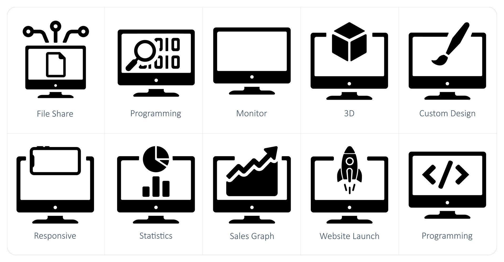 A set of 10 web marketing icons as file share, programming, monitor ...