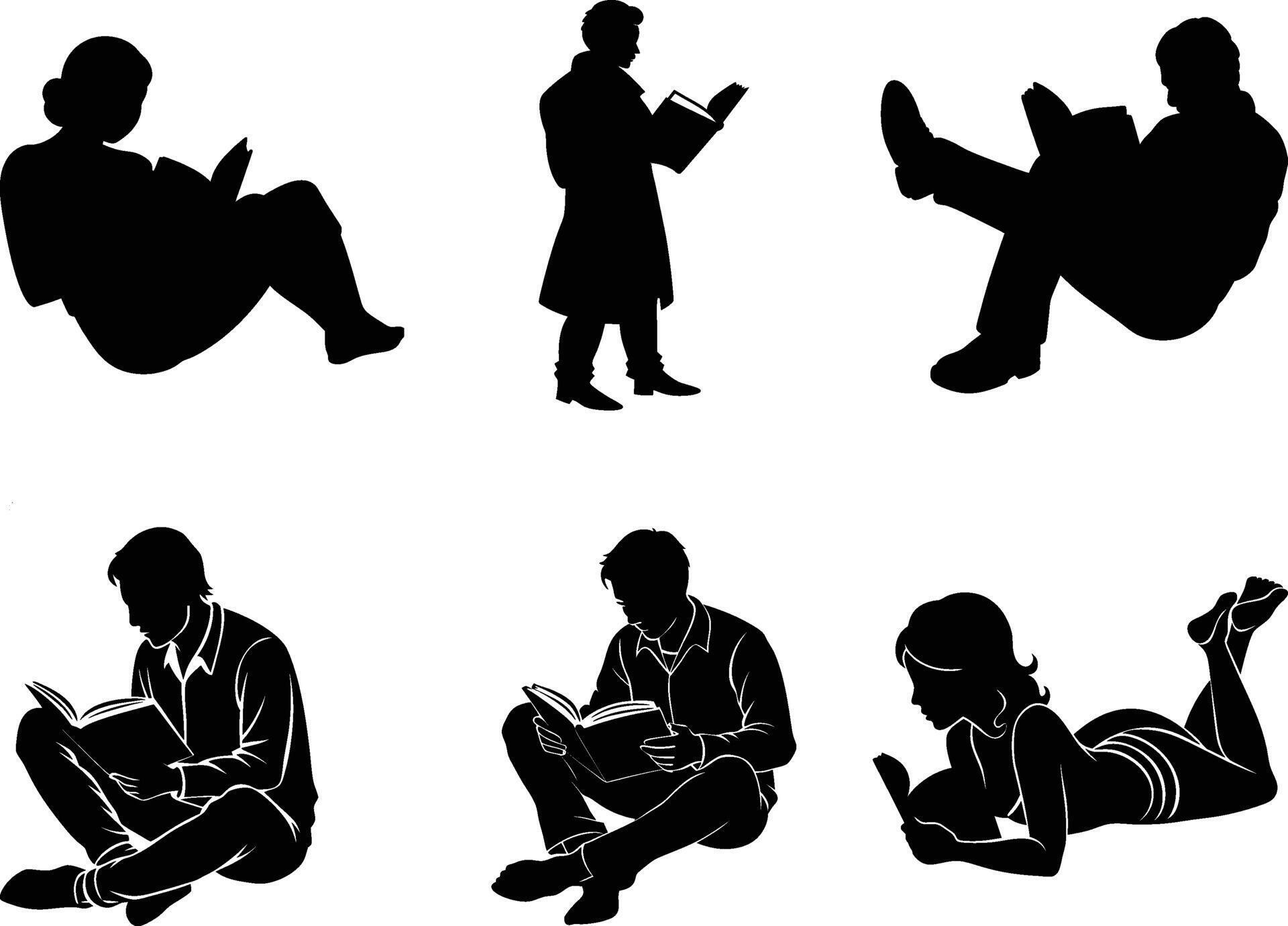 Set Of Man Reading Book Silhouette Illustration Woman Reading Book