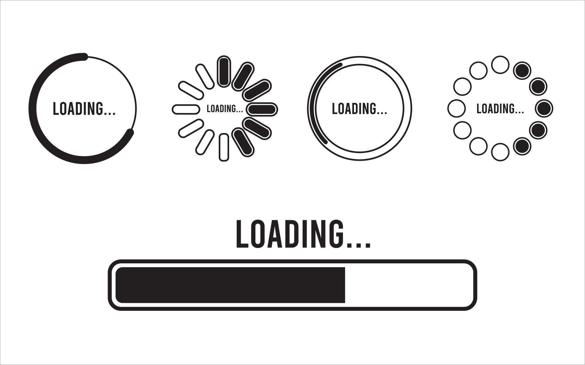 Set of loading bar icons. Download progress icons, Progress bar loading signs. Collection ...