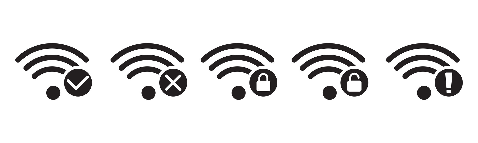 Signal strength WIFI icon set collection. Wireless connection network, WIFI security symbol ...