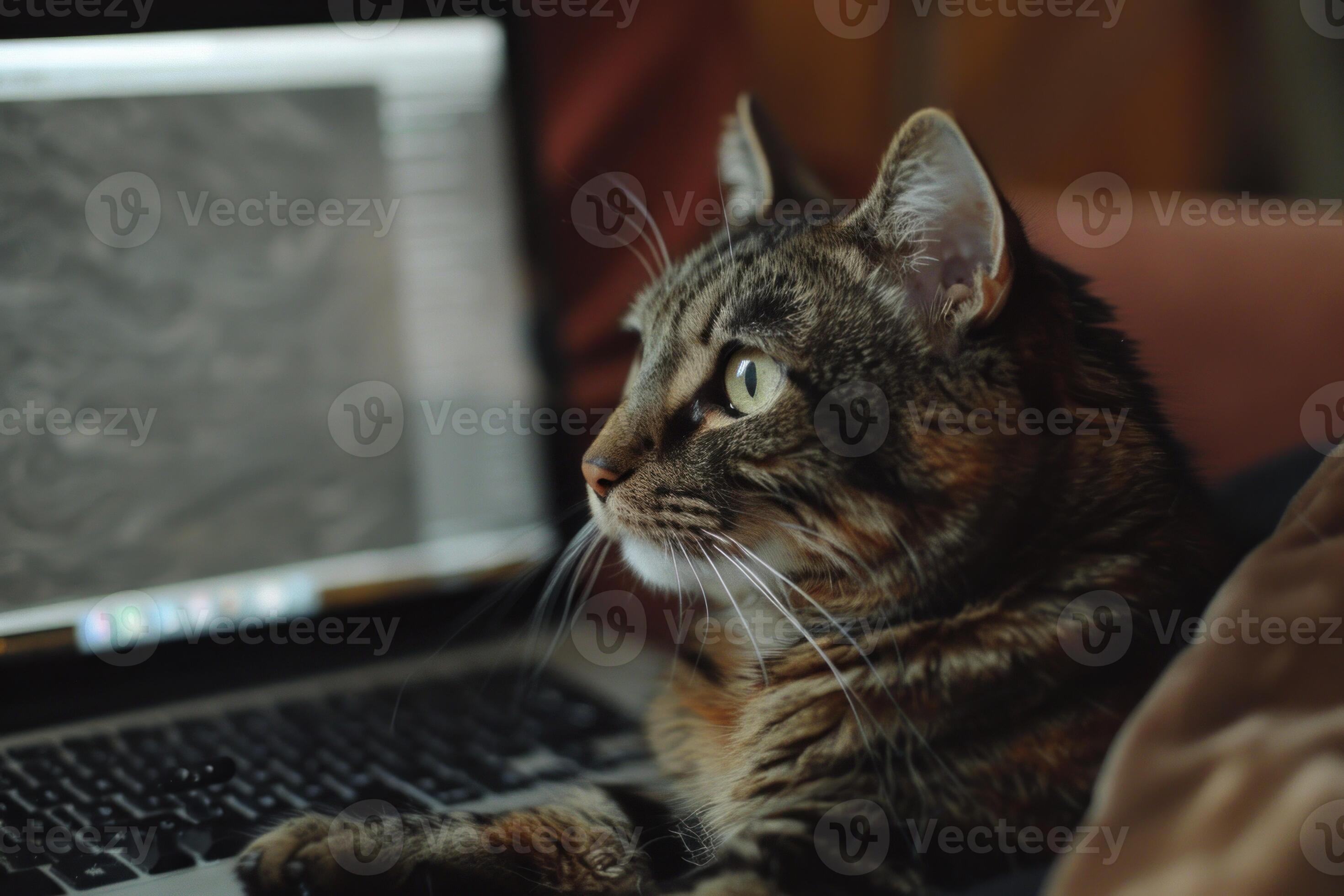 Curious tabby cat using laptop computer at home 47325357 Stock Photo at Vecteezy
