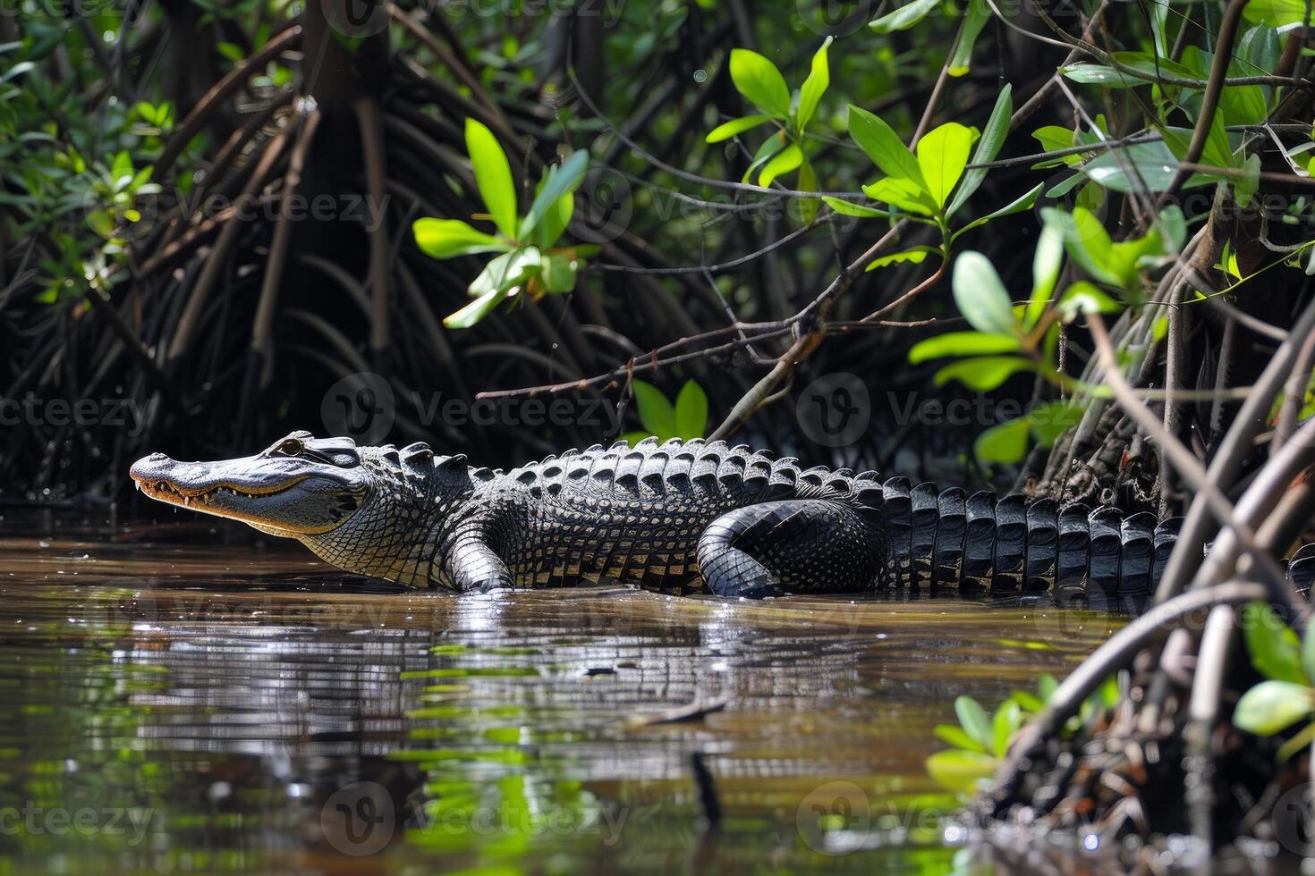 American alligator basking in swamp habitat 47326511 Stock Photo at ...