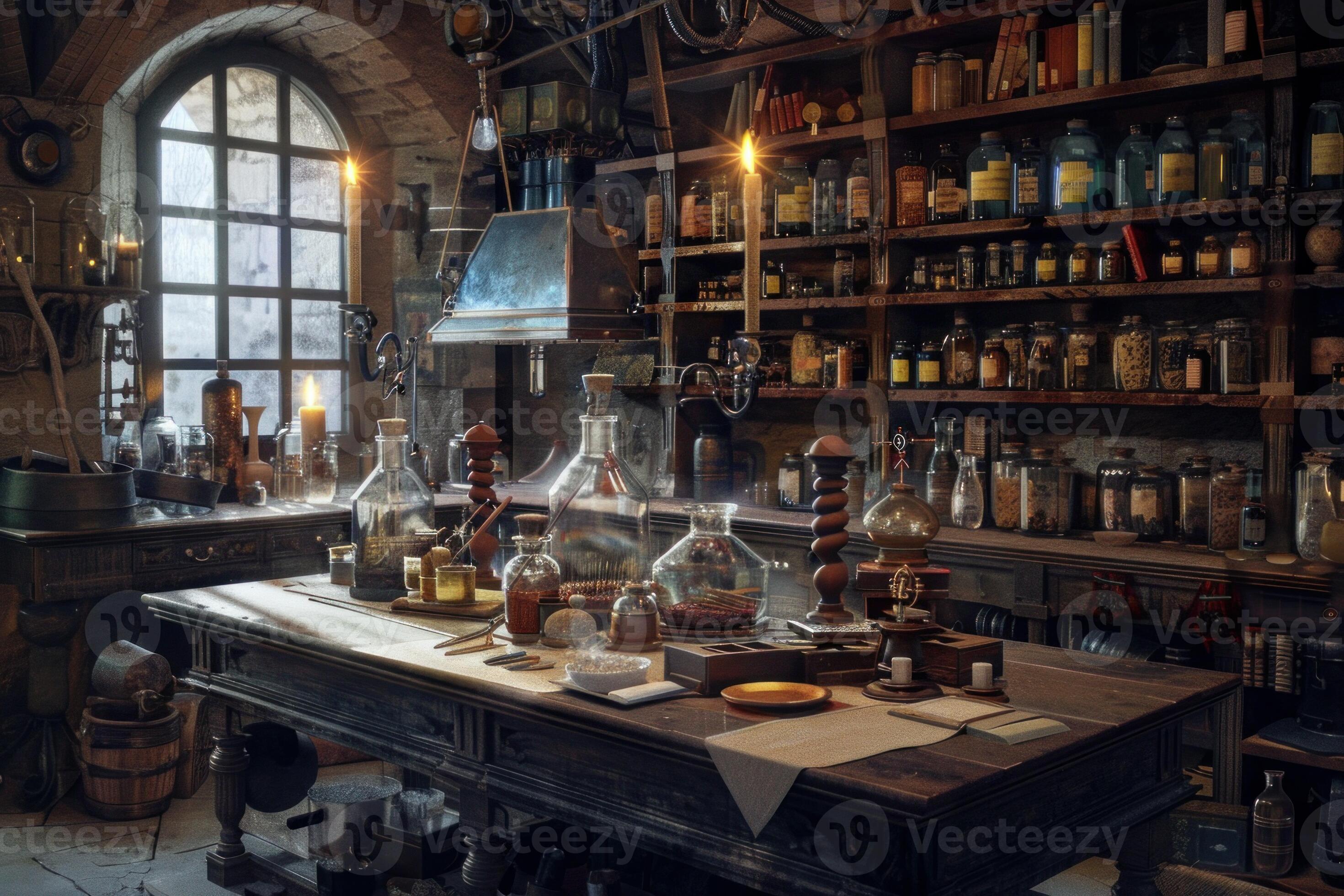 Mysterious alchemy lab with old books, glassware, and ancient equipment 47326793 Stock Photo at ...