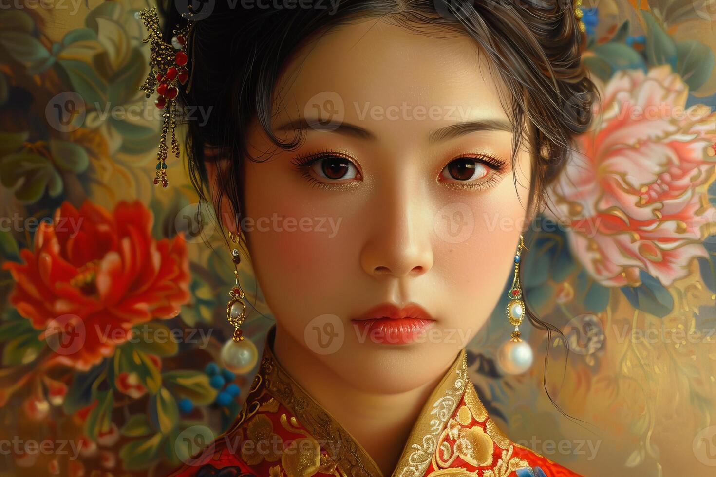 Beautiful Chinese Woman With Red Dress And Golden Embroidery Posing In Front Of Floral Wall