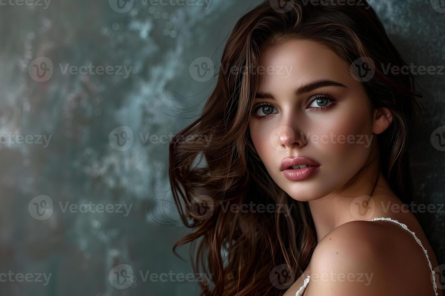 Beautiful young woman with long brown hair posing in front of grey wall ...