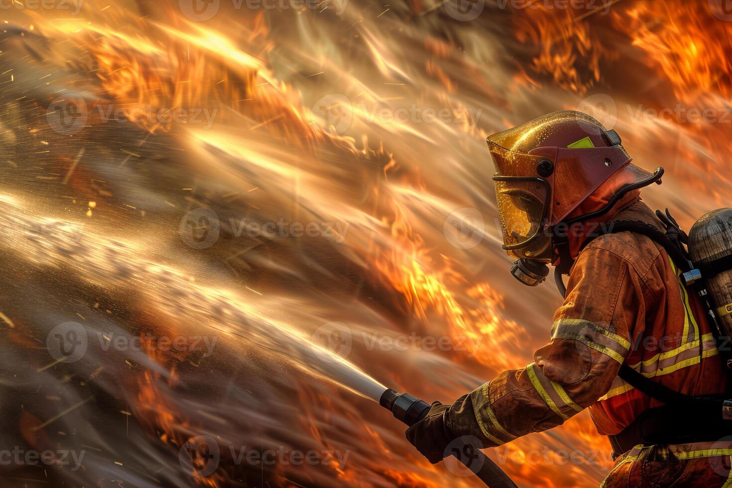 Brave firefighter battling intense flames 47345039 Stock Photo at Vecteezy