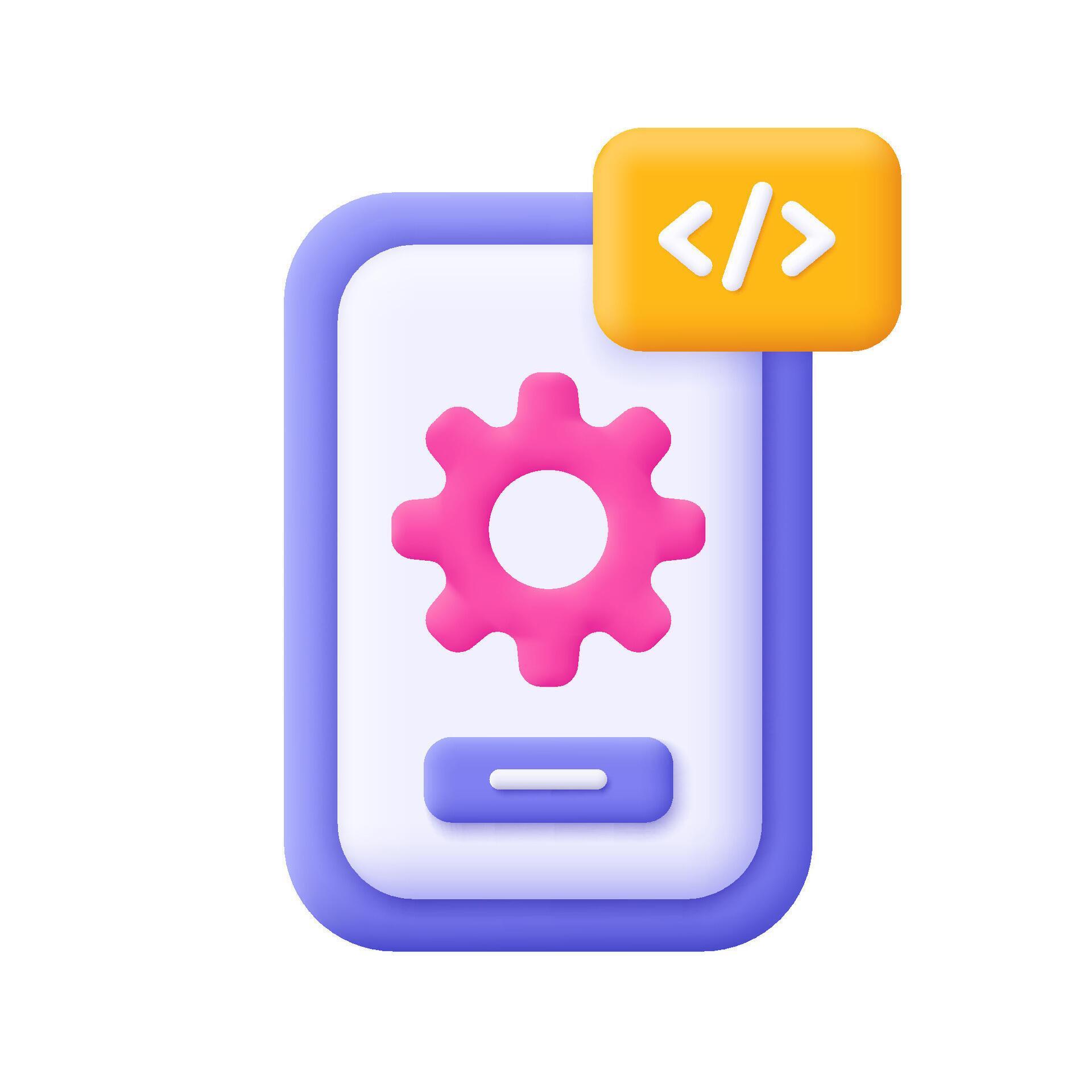 Smartphone with gear and code symbol. Smartphone setting and tools. Development, coding and ...