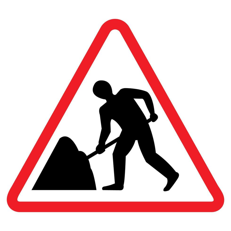 Man At Work Warning Sign Red Triangle Black Arrow Traffic Symbol Cautionary Road Sign