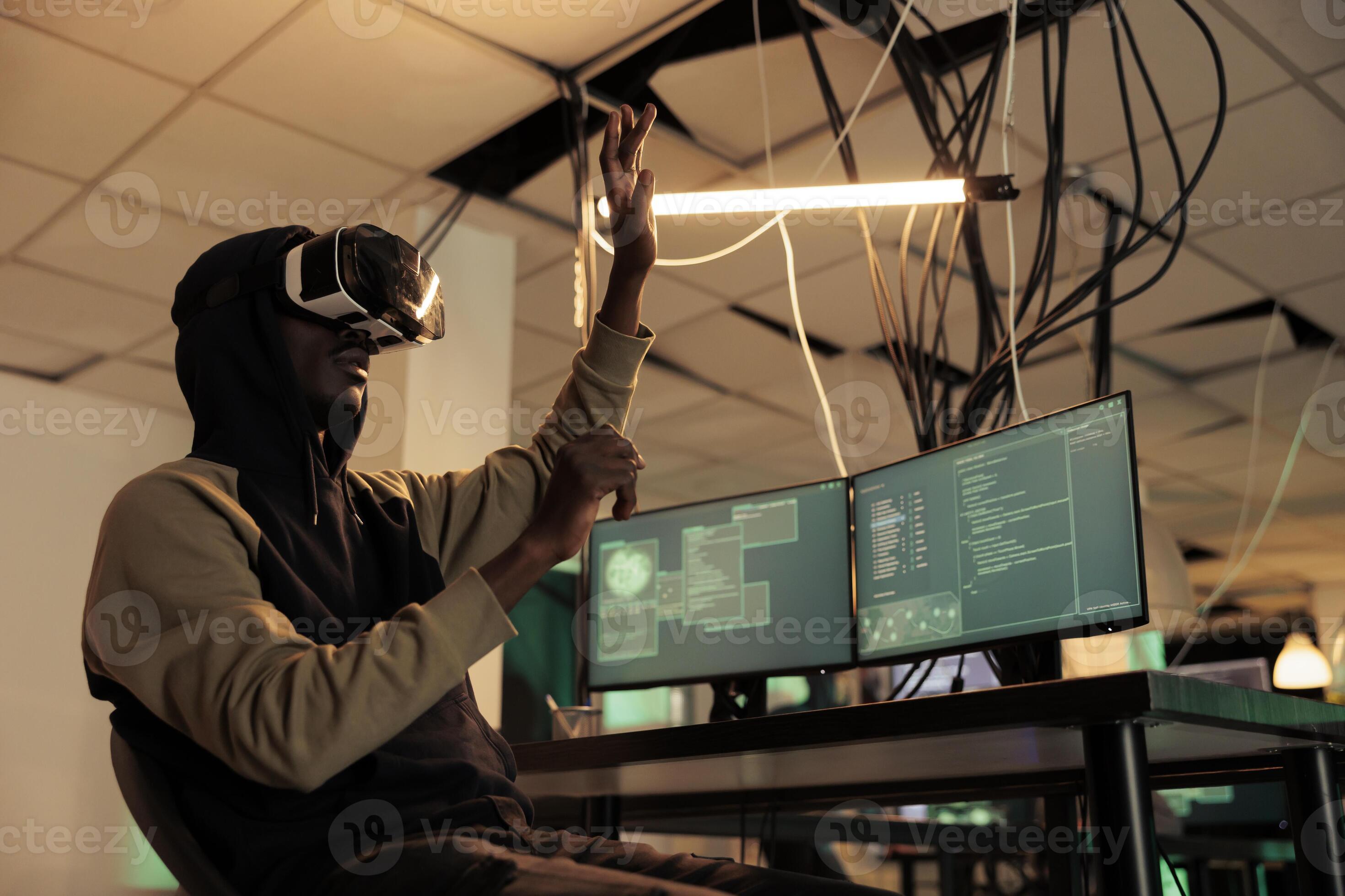 Hacker Breaking Into Databse In Vr Glasses Spyware Coding Experience African American Man